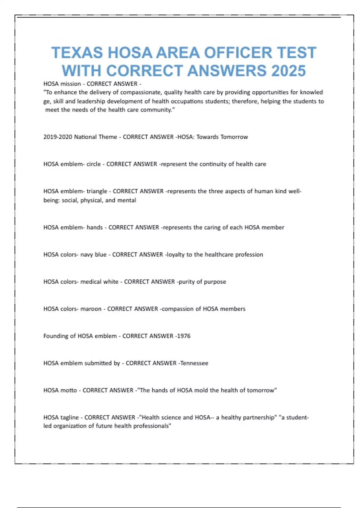 TEXAS HOSA AREA OFFICER TEST WITH CORRECT ANSWERS 2025 - HOSA - Stuvia US