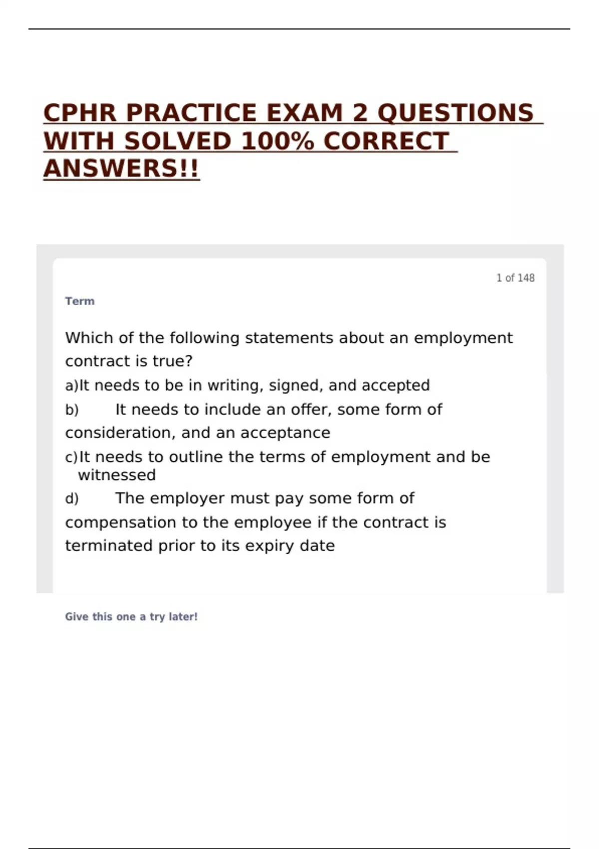 CPHR PRACTICE EXAM 2 QUESTIONS WITH SOLVED 100% CORRECT ANSWERS ...