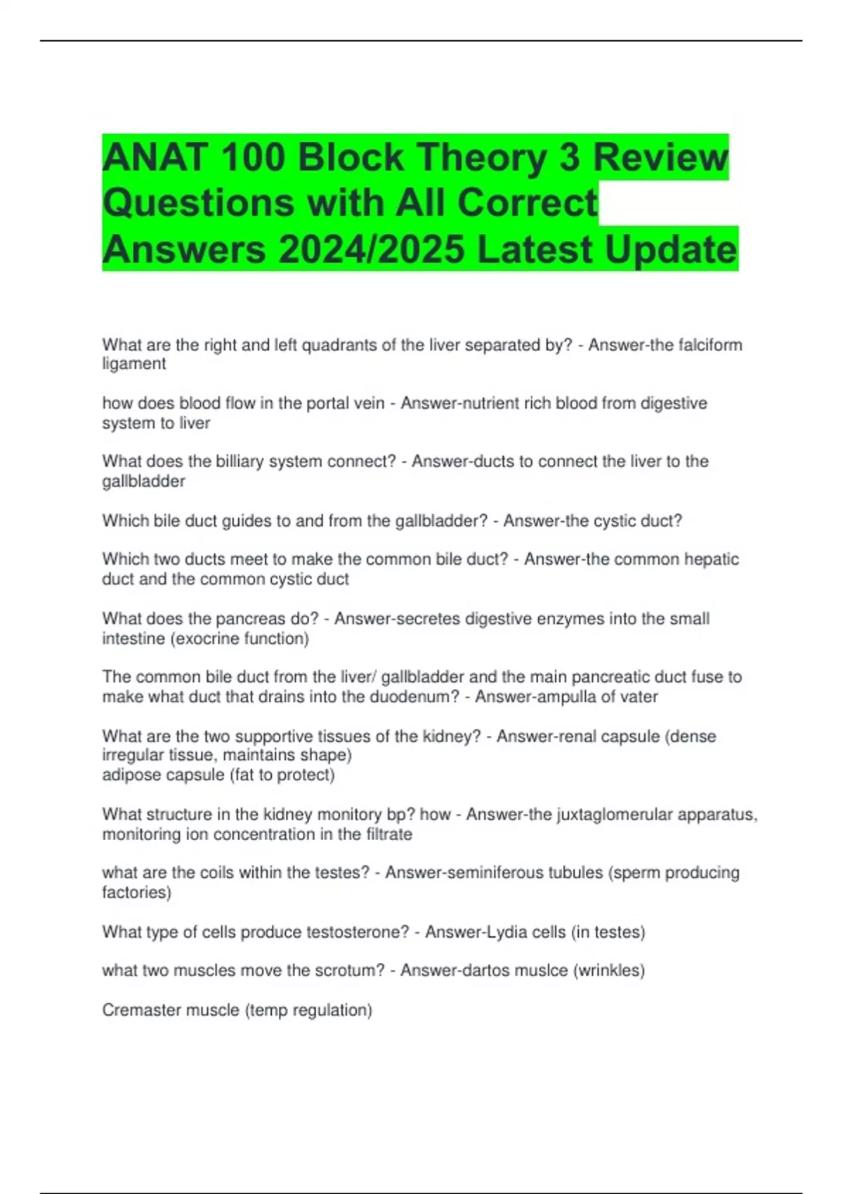 ANAT 100 Block Theory 3 Review Questions with All Correct Answers 2024/ ...