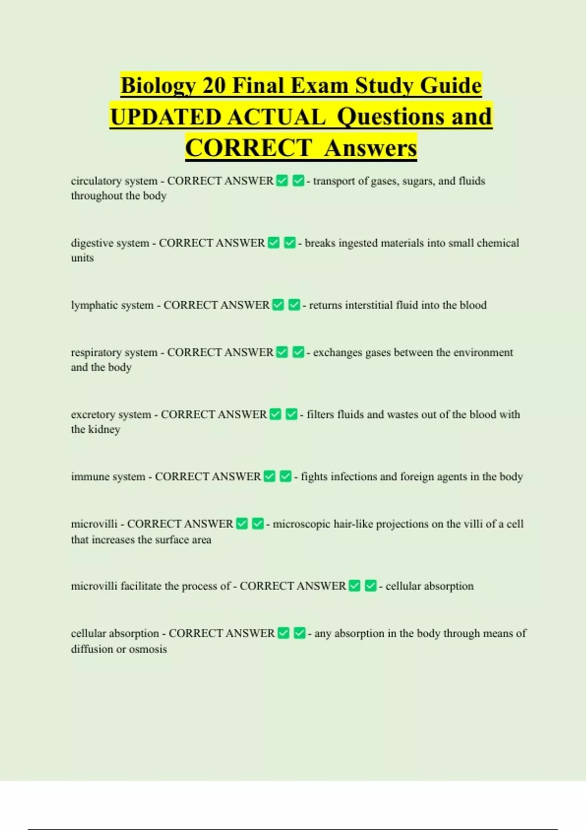 Biology 20 Final Exam Study Guide UPDATED ACTUAL Questions and CORRECT ...