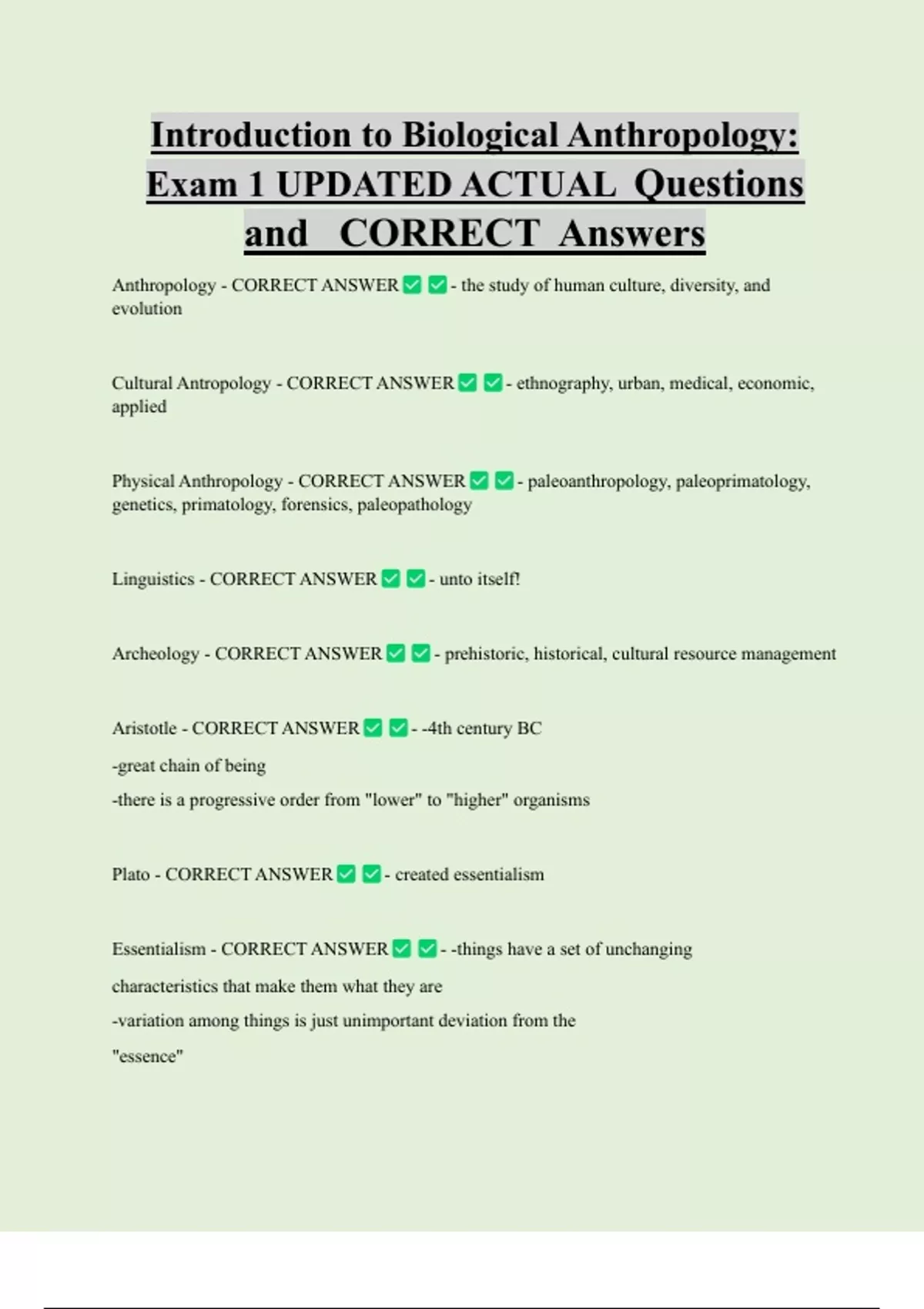Introduction to Biological Anthropology: Exam 1 UPDATED ACTUAL ...