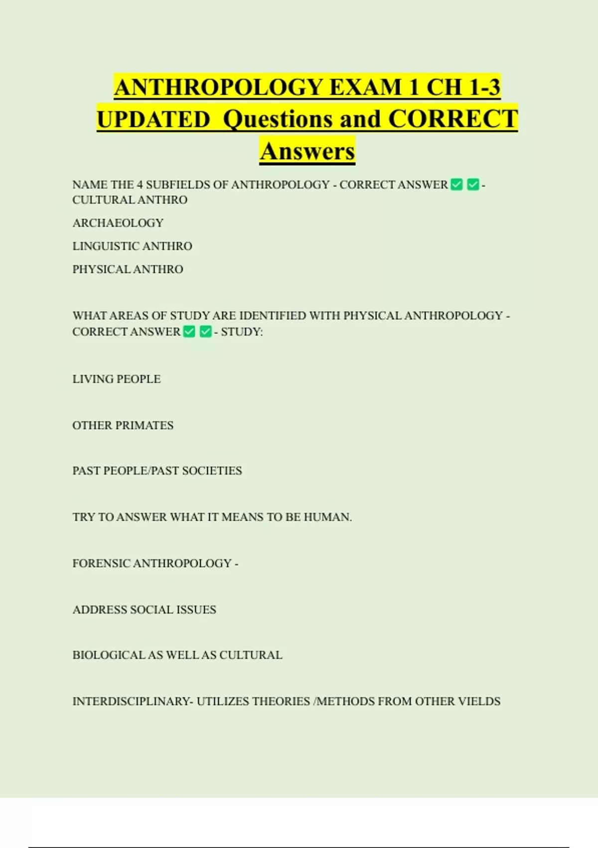 ANTHROPOLOGY EXAM 1 CH 1-3 UPDATED Questions and CORRECT Answers ...