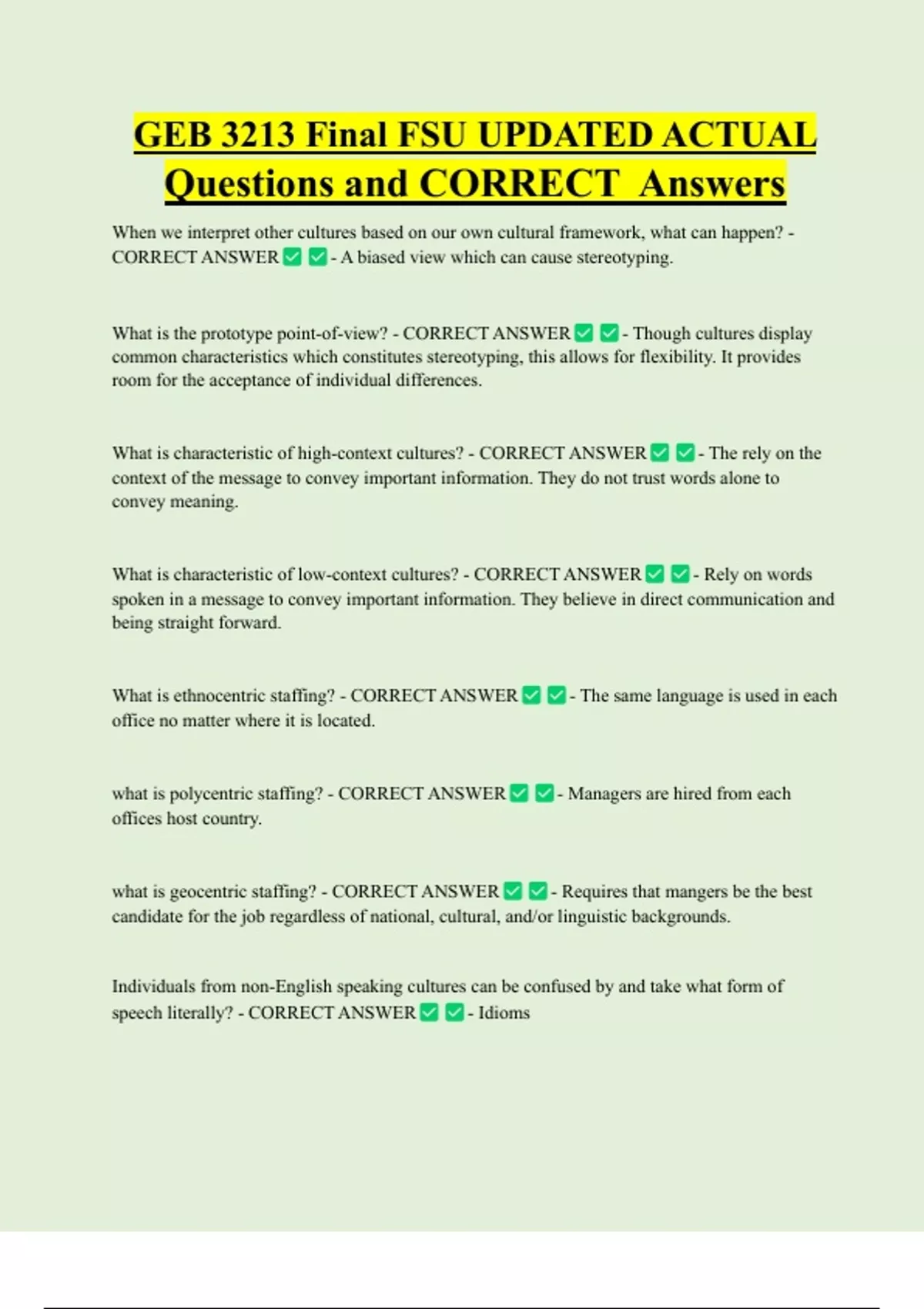 GEB 3213 Final FSU UPDATED ACTUAL Questions and CORRECT Answers - GEB 3213 - Stuvia US