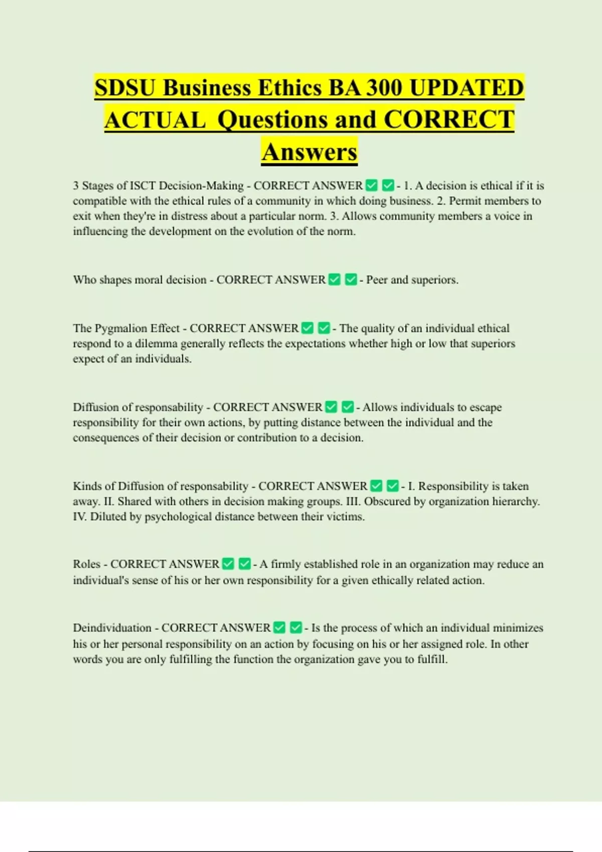 SDSU Business Ethics BA 300 UPDATED ACTUAL Questions and CORRECT ...