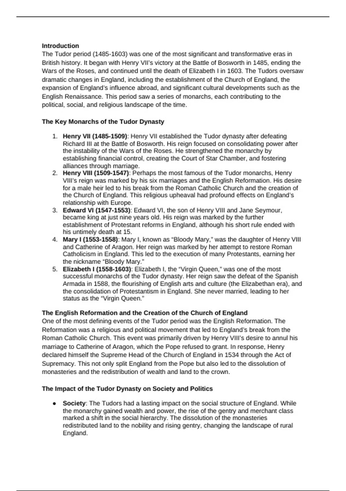 Summary The Tudor Dynasty: Monarchs, Reformation, and Cultural ...