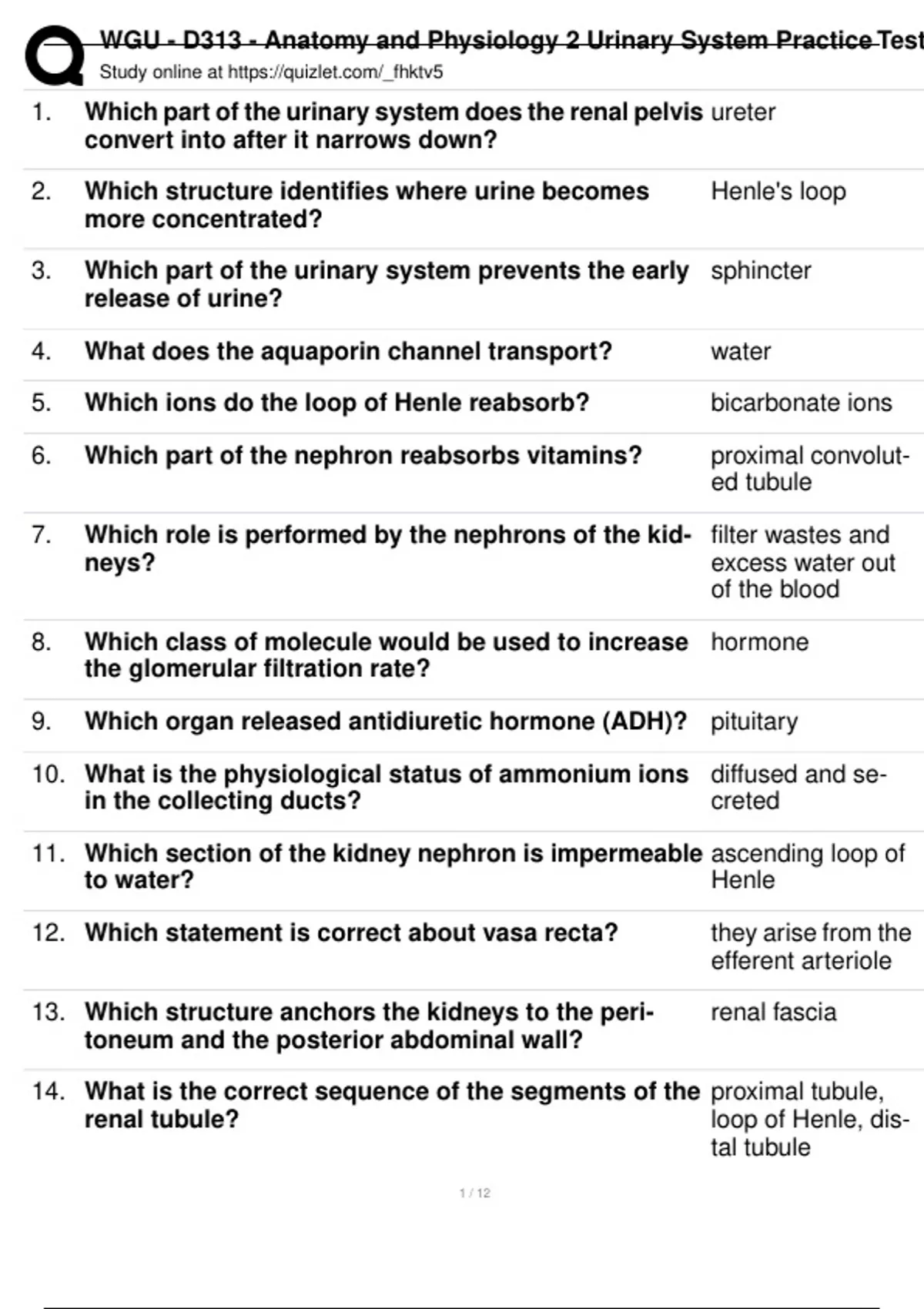 WGU - D313 - Anatomy and Physiology 2 Urinary System Practice Test ...