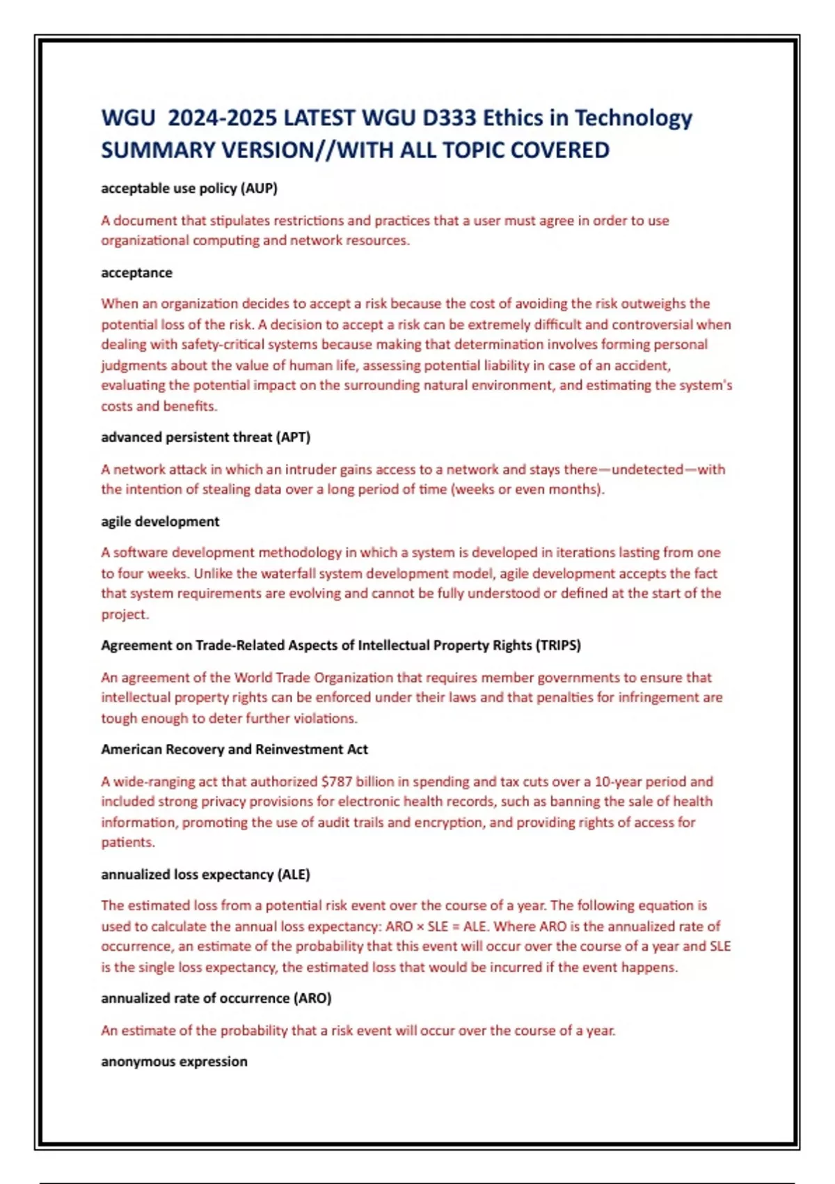 WGU LATEST WGU D333 Ethics in Technology SUMMARY VERSION//WITH ALL ...