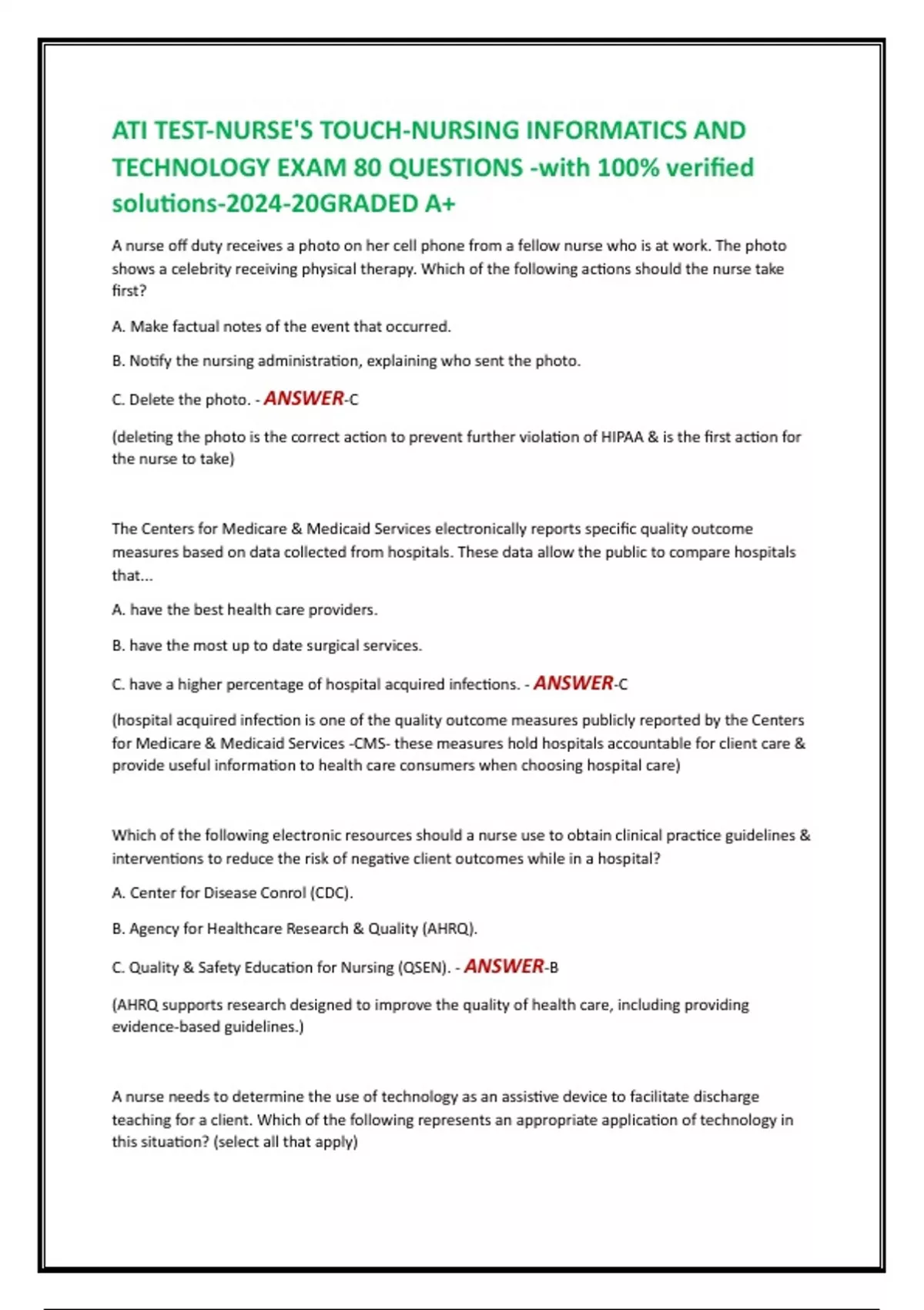 ATI TEST-NURSE'S TOUCH-NURSING INFORMATICS AND TECHNOLOGY EXAM 80 ...