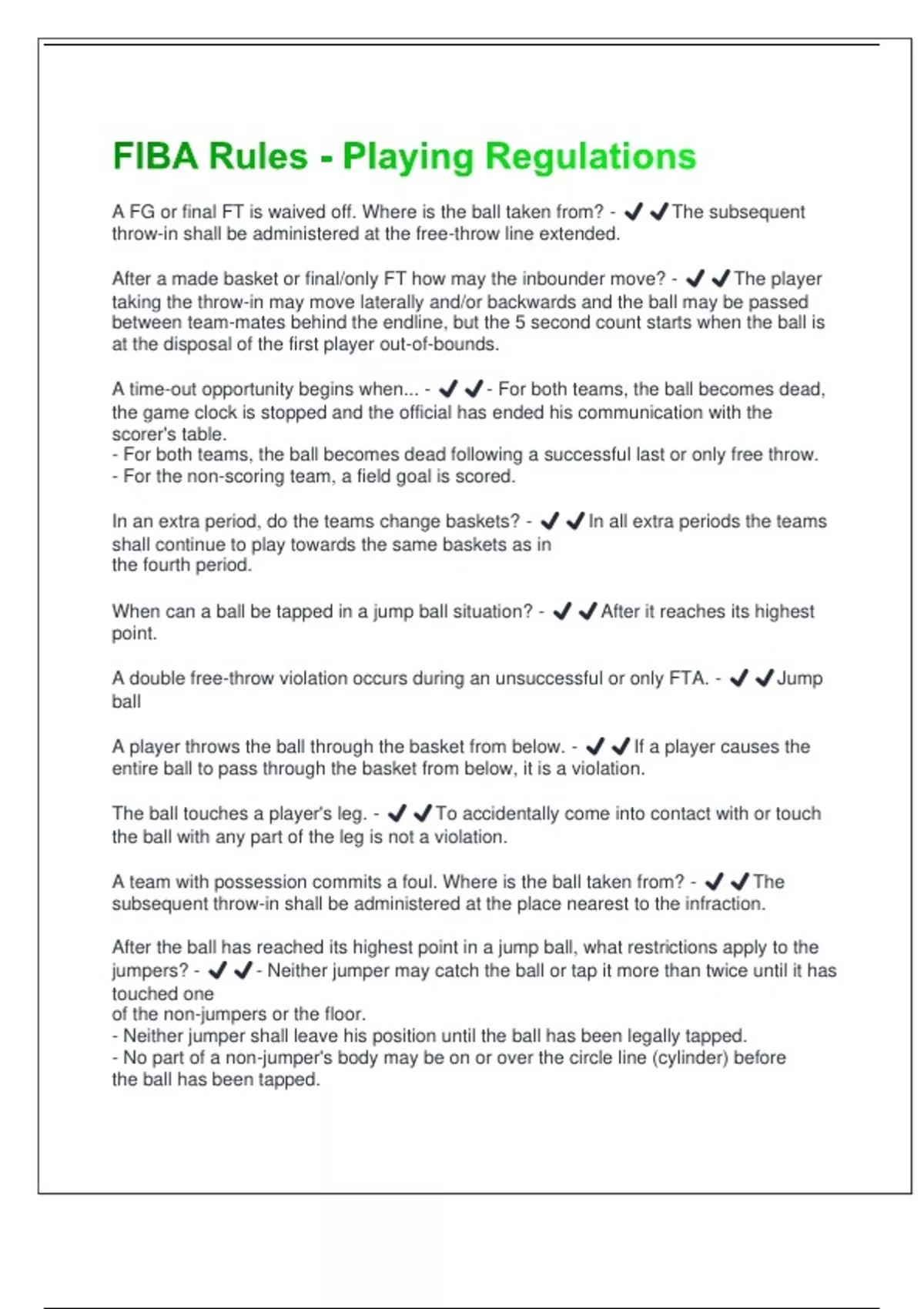 FIBA Rules - Playing Regulations Questions and Answers Fully Solved 100 ...