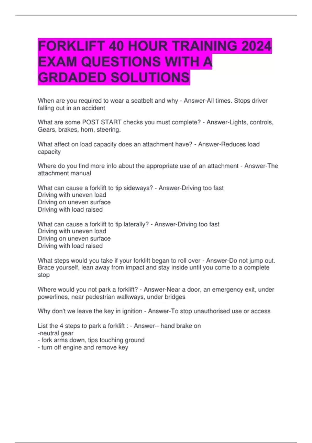 FORKLIFT 40 HOUR TRAINING 2024 EXAM QUESTIONS WITH A GRDADED SOLUTIONS ...