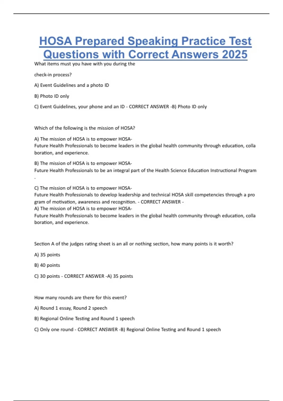 HOSA Prepared Speaking Practice Test Questions with Correct Answers ...