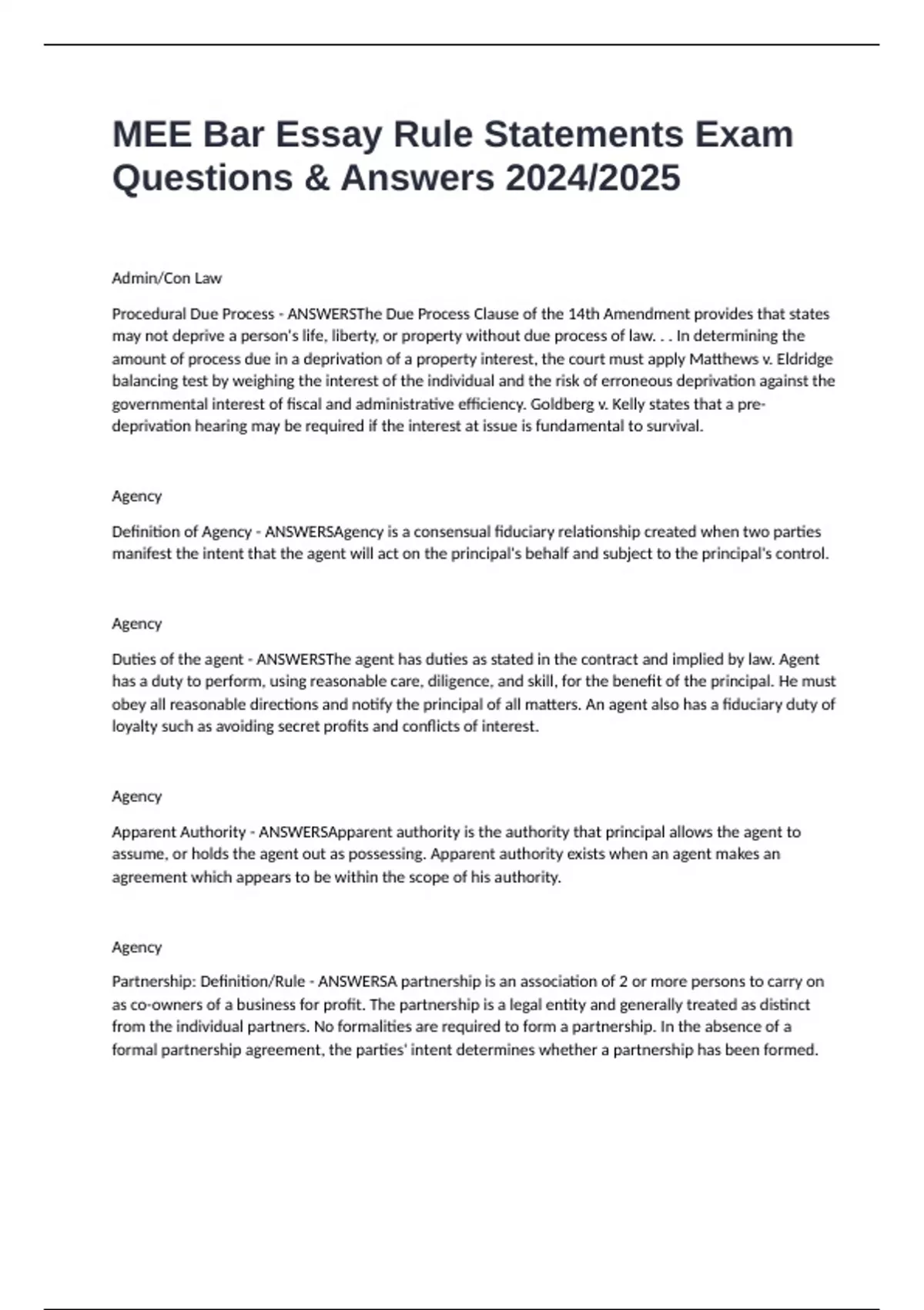 MEE Bar Essay Rule Statements Exam Questions & Answers 2024/2025 - MEE ...