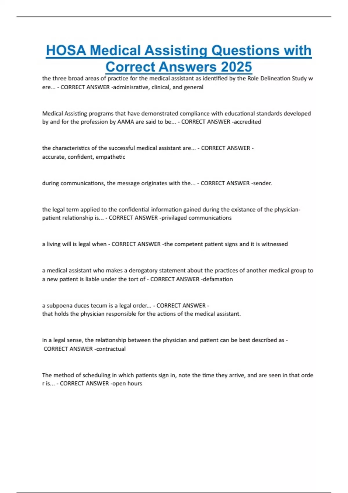 HOSA Medical Assisting Questions with Correct Answers 2025 - HOSA ...