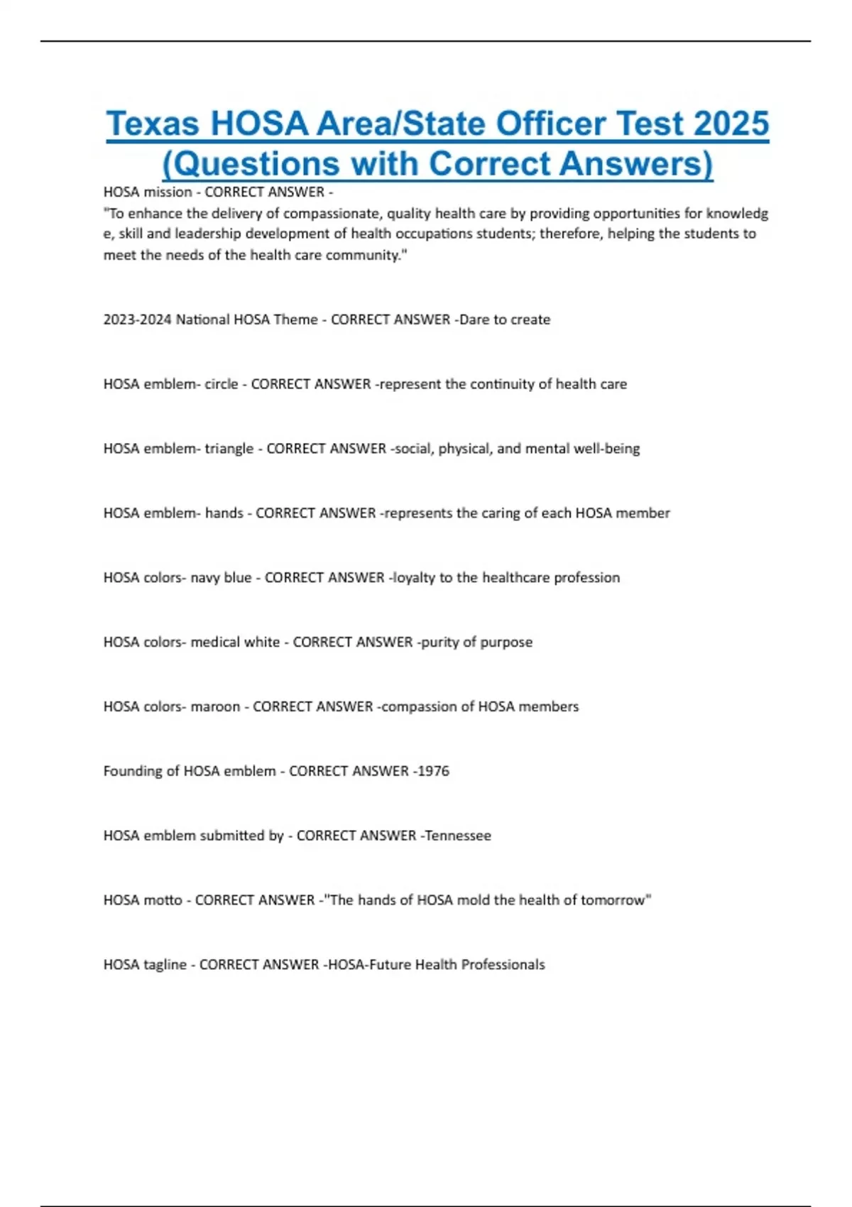 Texas HOSA Area-State Officer Test 2025 (Questions with Correct Answers ...