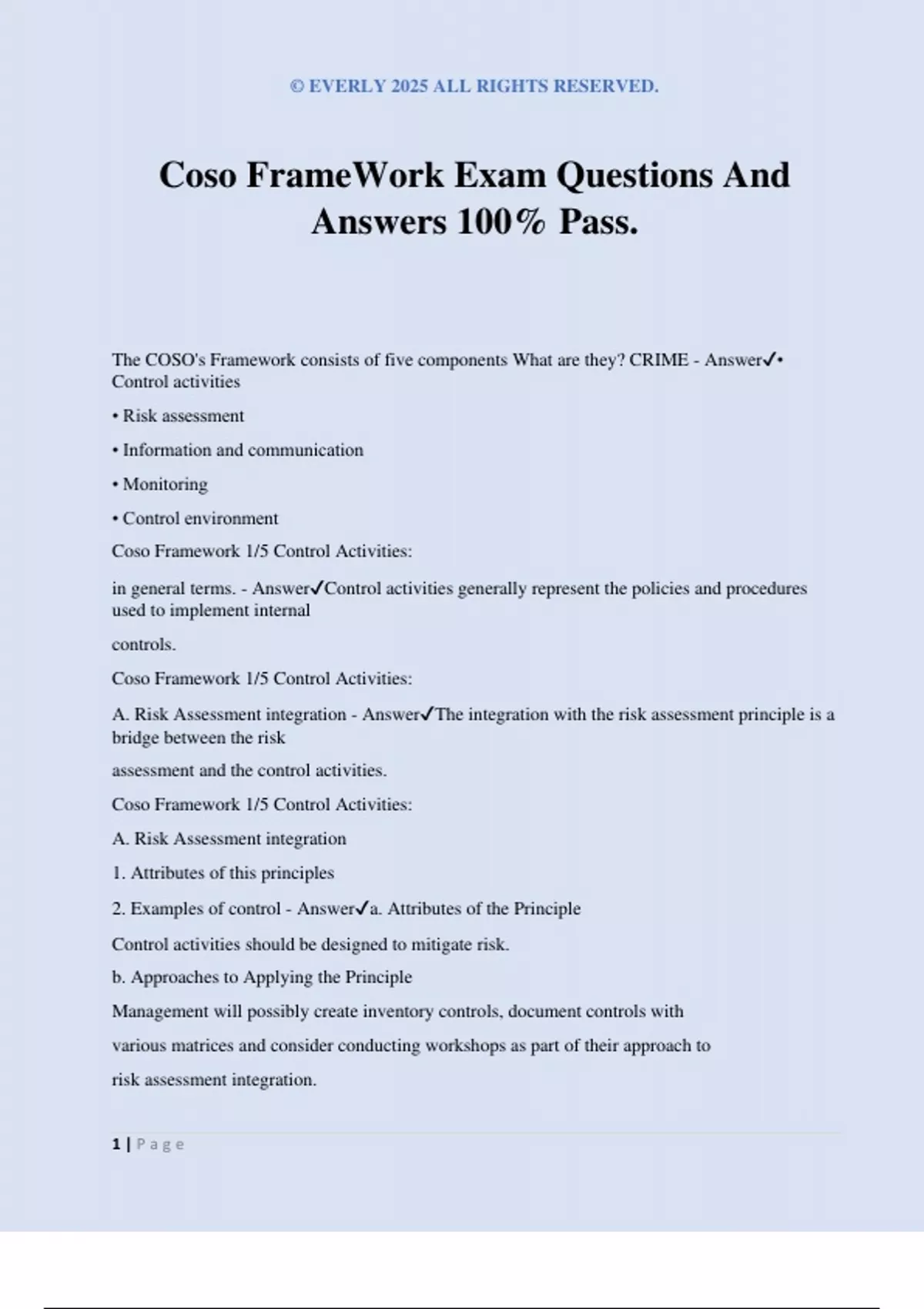 Coso FrameWork Exam Questions And Answers 100% Pass - Coso FrameWork ...