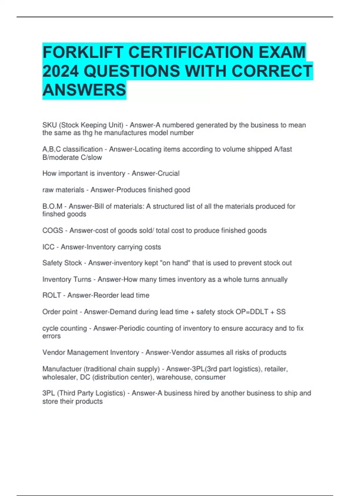 FORKLIFT CERTIFICATION EXAM 2024 QUESTIONS WITH CORRECT ANSWERS ...
