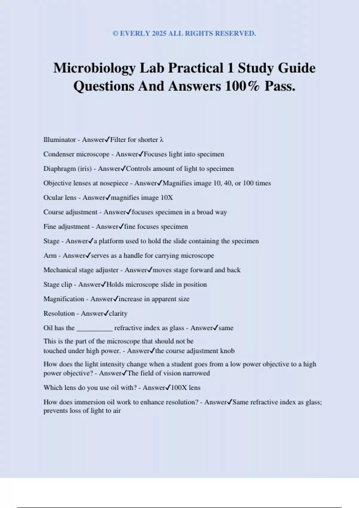 Microbiology Lab Practical 1 Study Guide Questions And Answers 100% Pass. - Microbiology - Stuvia US