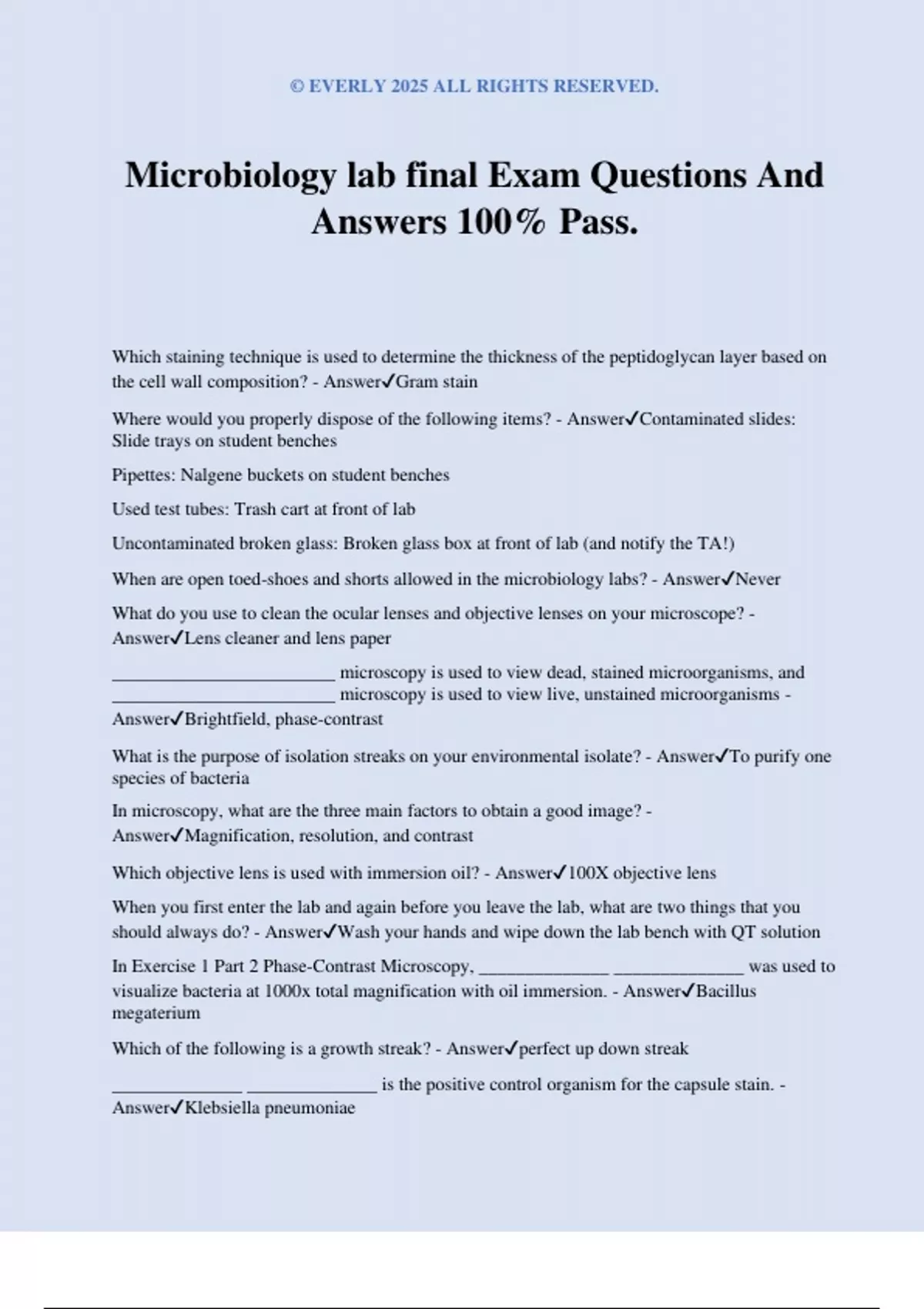 Microbiology lab final Exam Questions And Answers 100% Pass. - Microbiology - Stuvia US