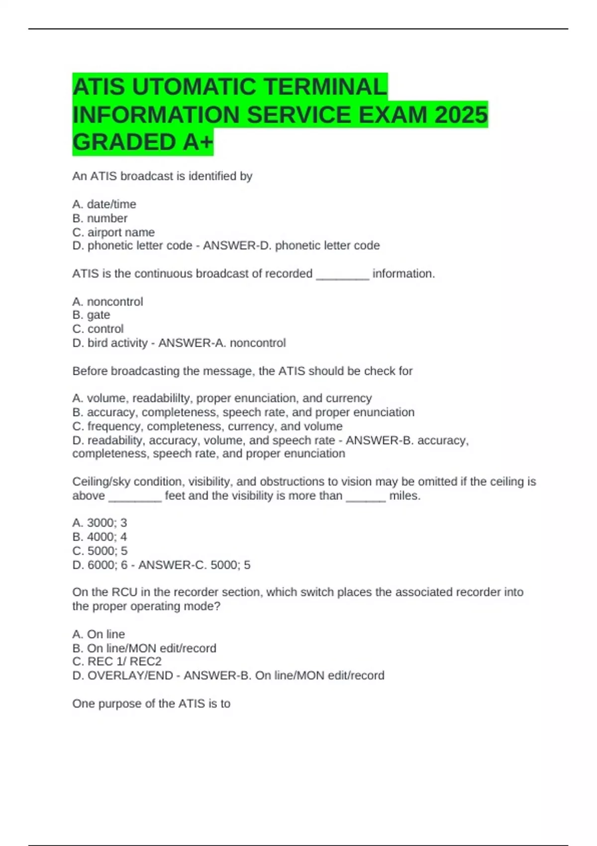 ATIS UTOMATIC TERMINAL INFORMATION SERVICE EXAM 2025 GRADED A+ - ATIS ...