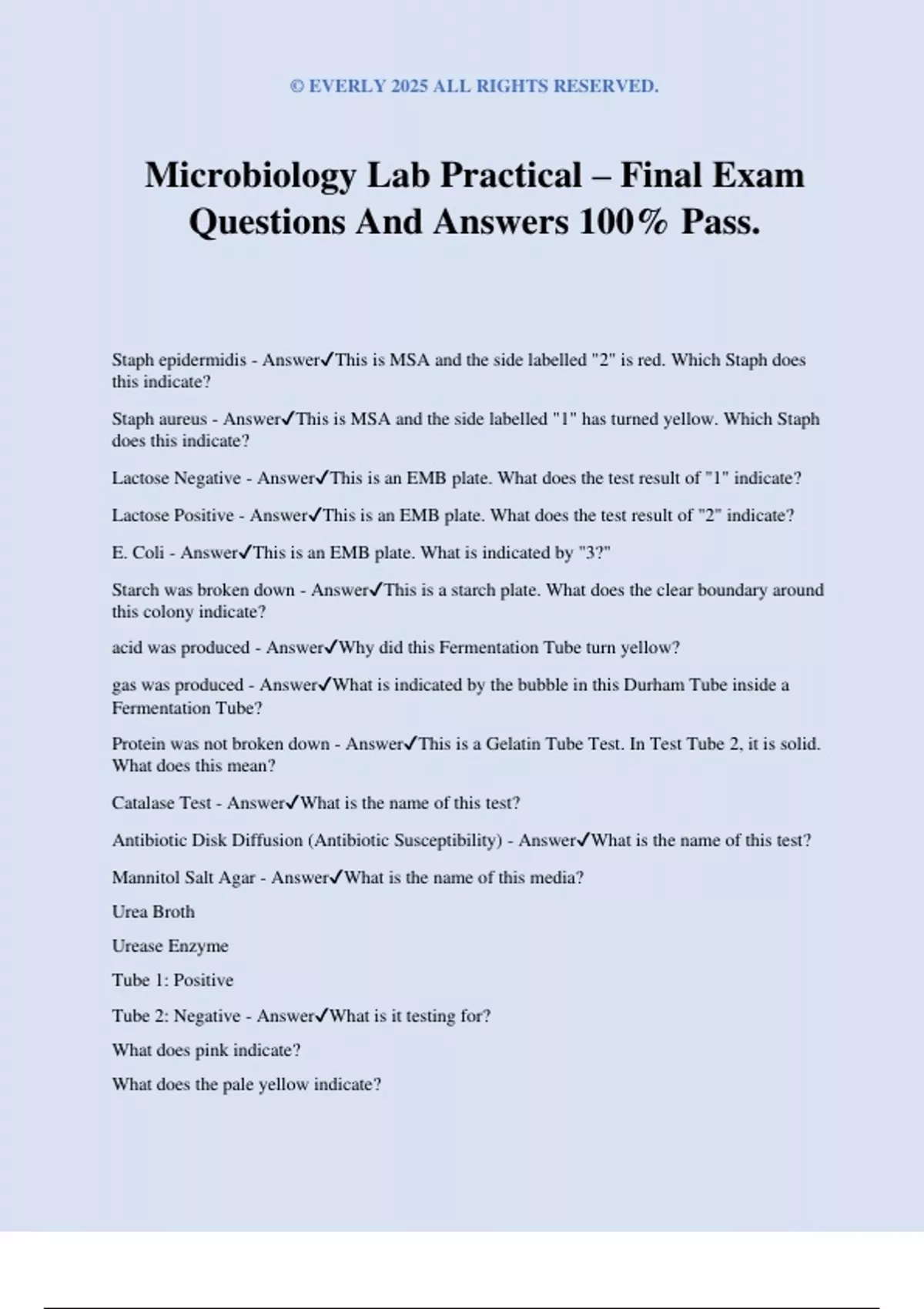 Microbiology Lab Practical – Final Exam Questions And Answers 100% Pass. - Microbiology - Stuvia US