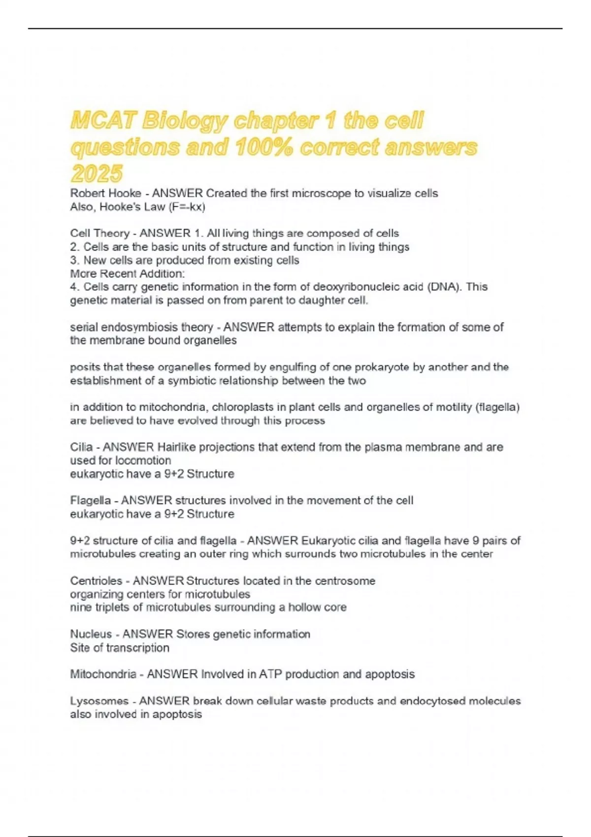 Mcat Biology Chapter 1 The Cell Questions And 100 Correct Answers 2025 Mcat Stuvia Us