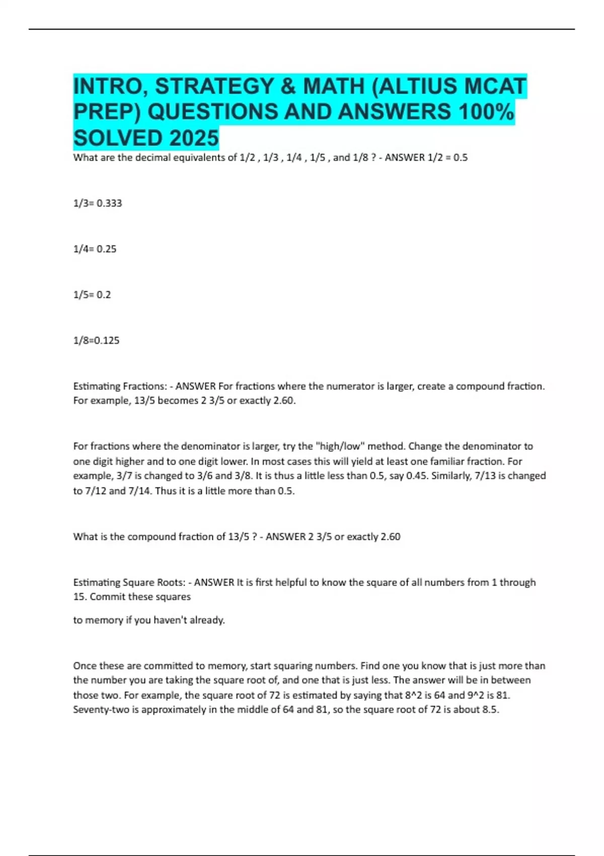 INTRO, STRATEGY & MATH (ALTIUS MCAT PREP) QUESTIONS AND ANSWERS 100% SOLVED 2025 - MCAT - Stuvia US