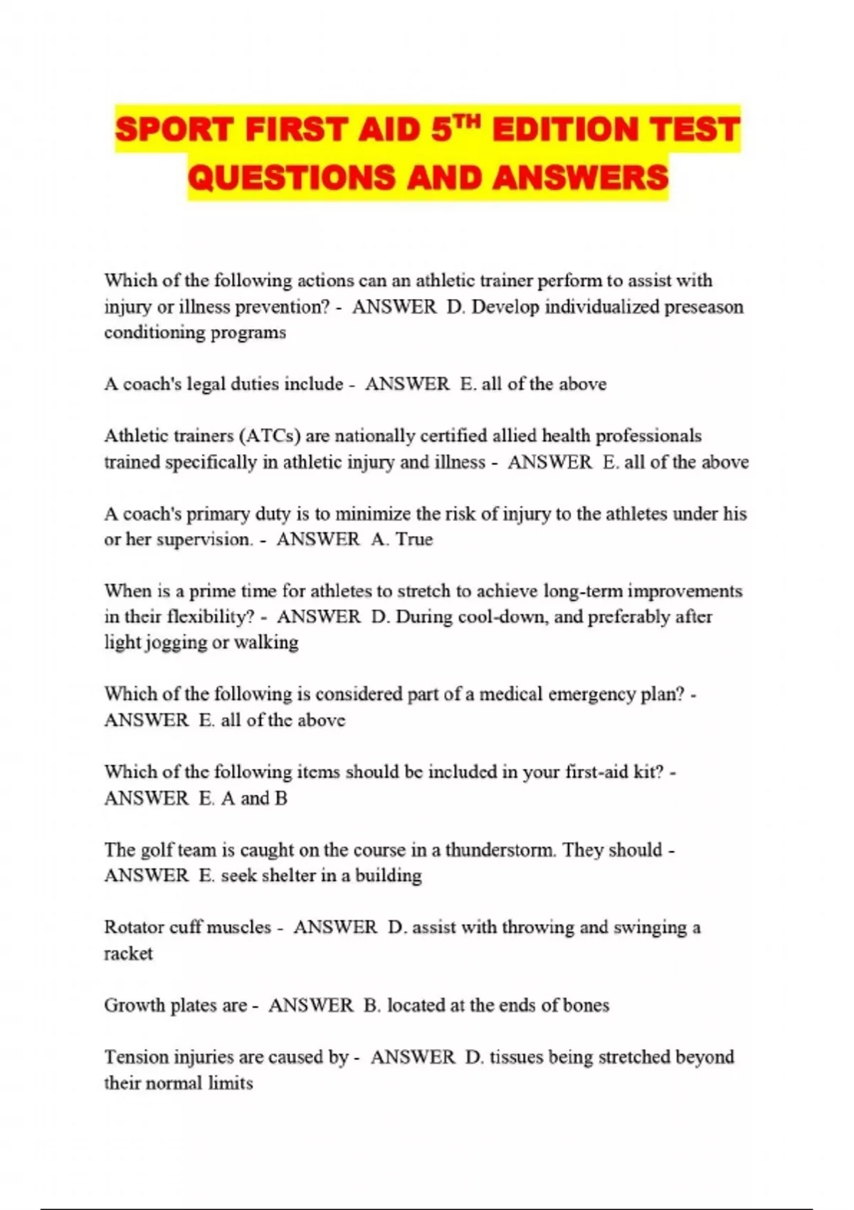 SPORT FIRST AID 5TH EDITION TEST QUESTIONS AND ANSWERS - SPORT FIRST ...
