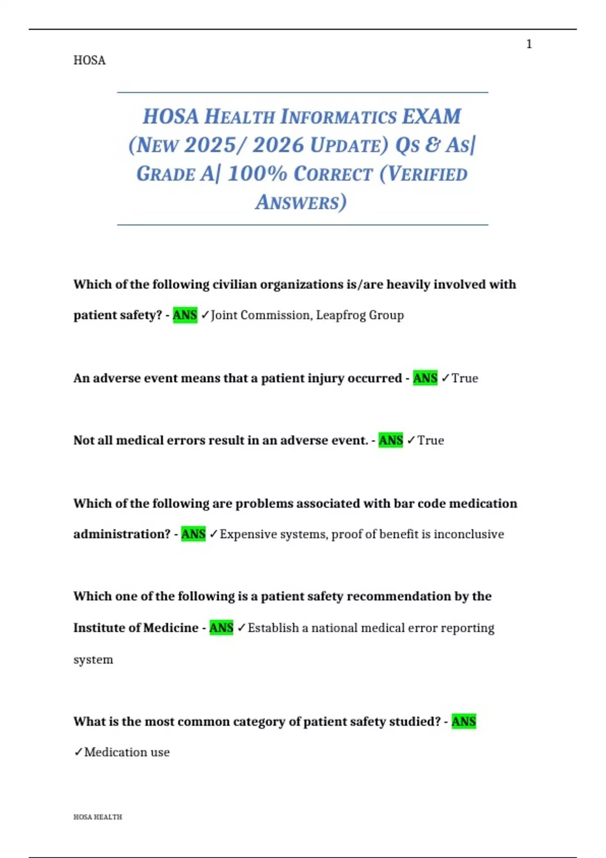 HOSA HEALTH INFORMATICS EXAMs (NEW 2025/ 2026 UPDATE) QS & AS| GRADE A ...