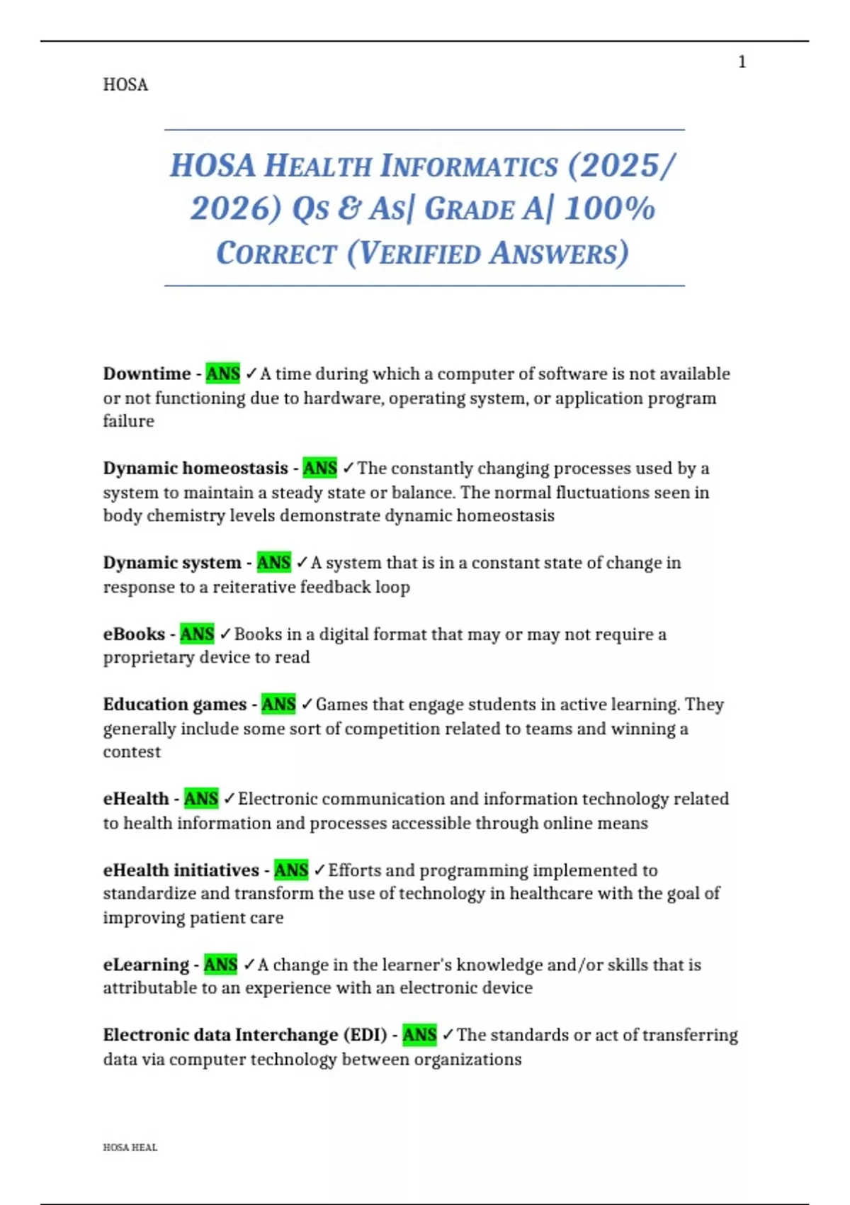 HOSA HEALTH INFORMATICS (2025/ 2026) QS & AS| GRADE A| 100% CORRECT ...