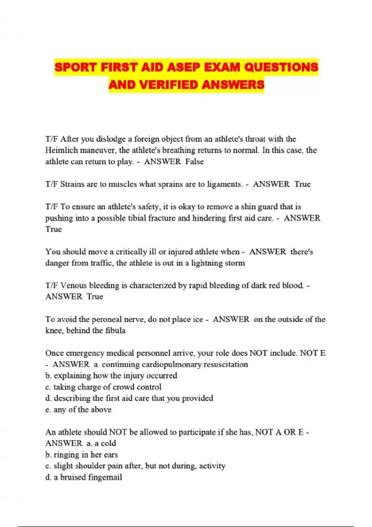 SPORT FIRST AID ASEP EXAM QUESTIONS AND VERIFIED ANSWERS - SPORT FIRST AID ASEP - Stuvia US