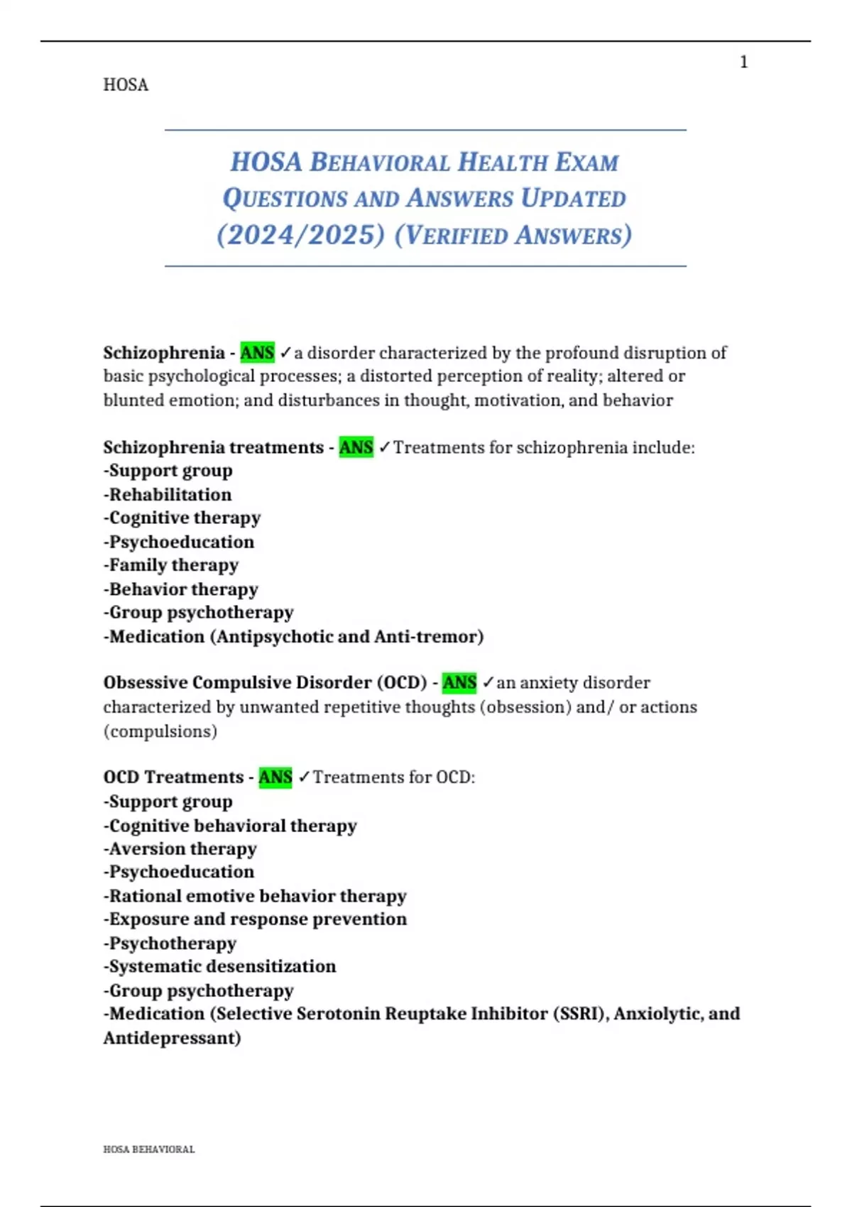 HOSA BEHAVIORAL HEALTH EXAM QUESTIONS AND ANSWERS UPDATED (2024/2025 ...