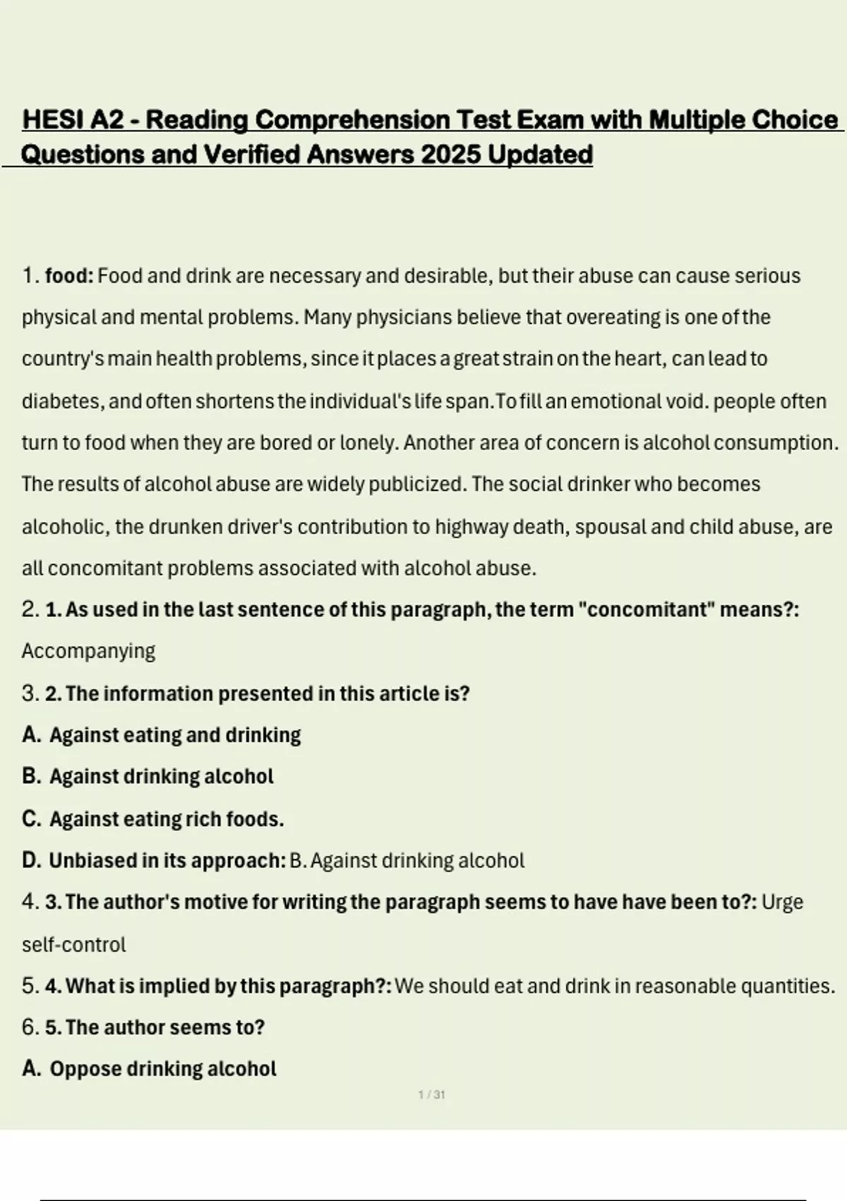 HESI A2 - Reading Comprehension Test Exam with Multiple Choice ...