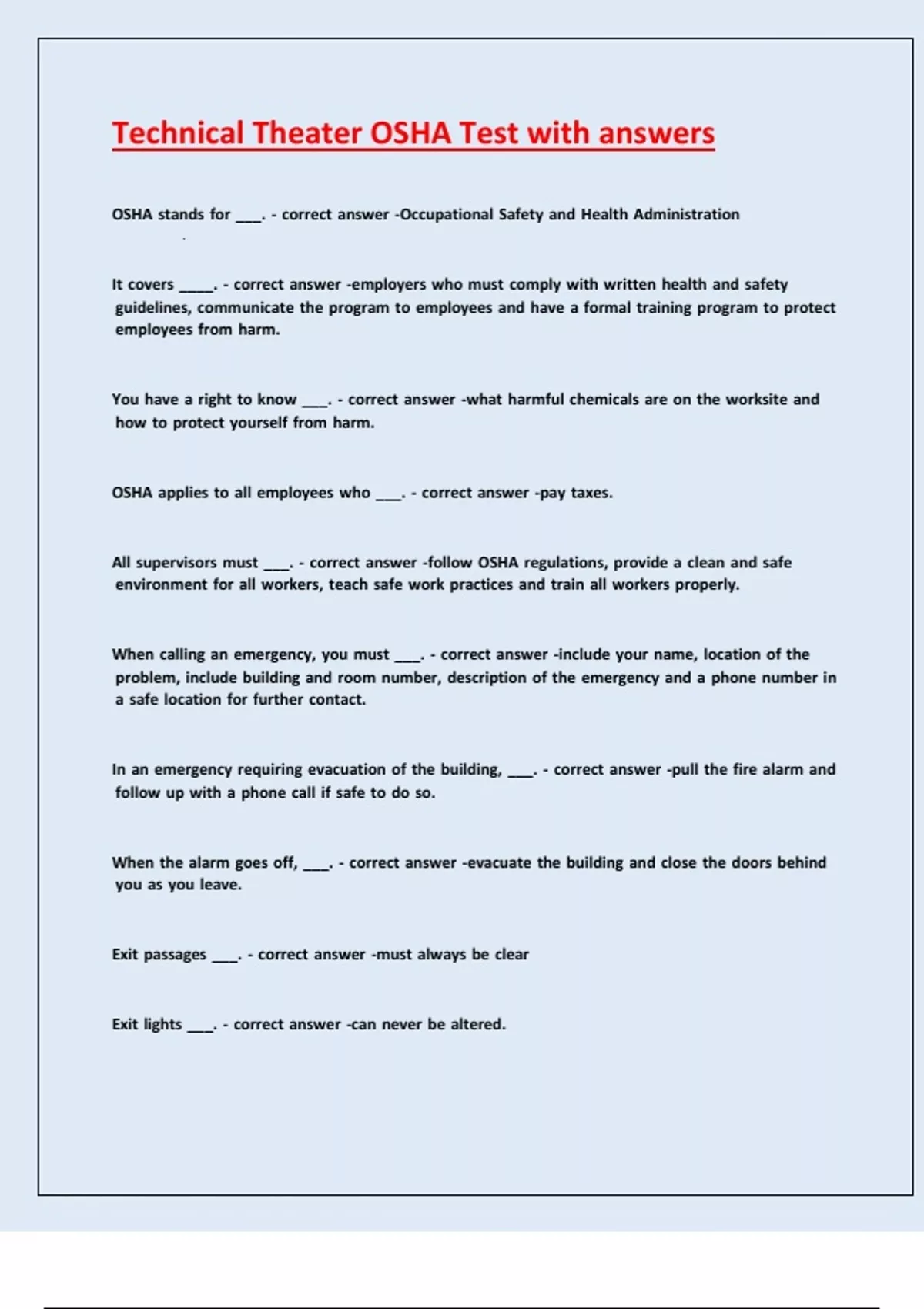 Technical Theater OSHA Test with answers - Osha - Stuvia US