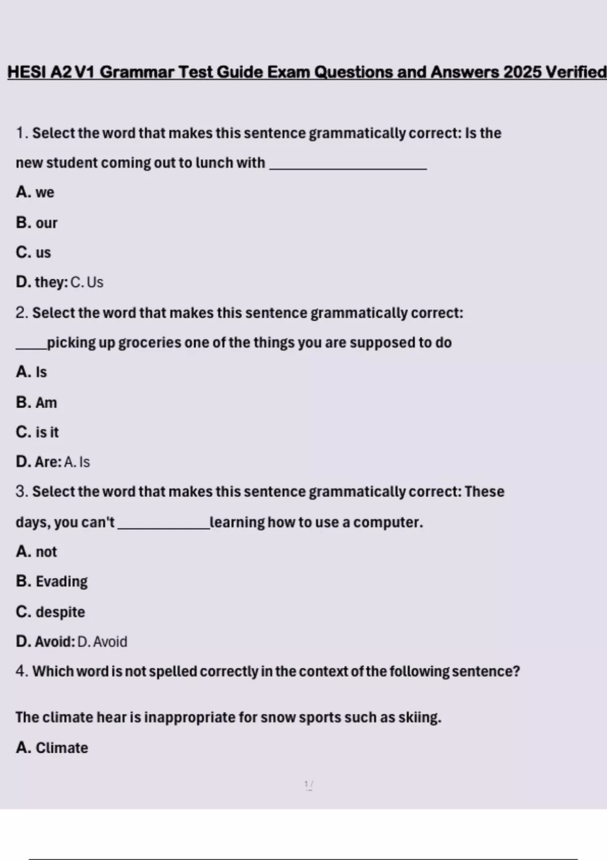 HESI A2 V1 Grammar Test Guide Exam Questions and Answers 2025 Verified ...