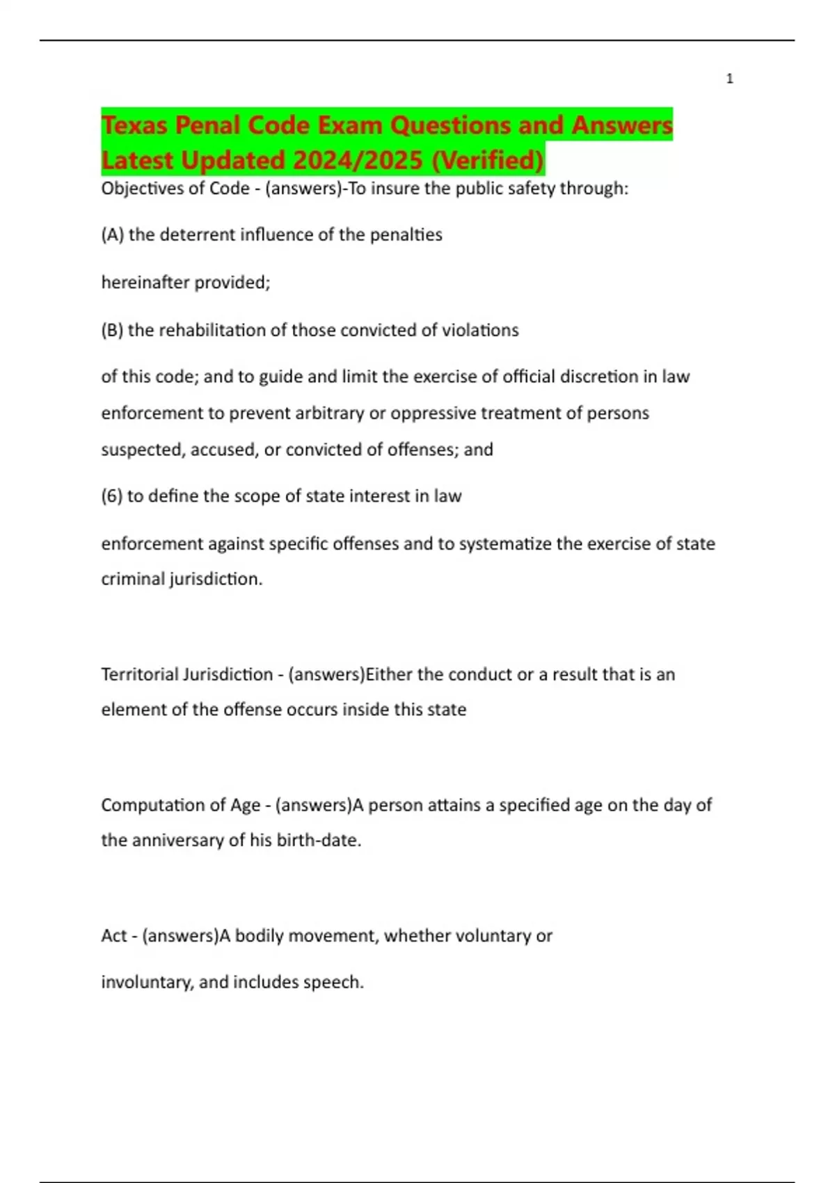 Texas Penal Code Exam Questions and Answers Latest Updated 2024/2025 ...