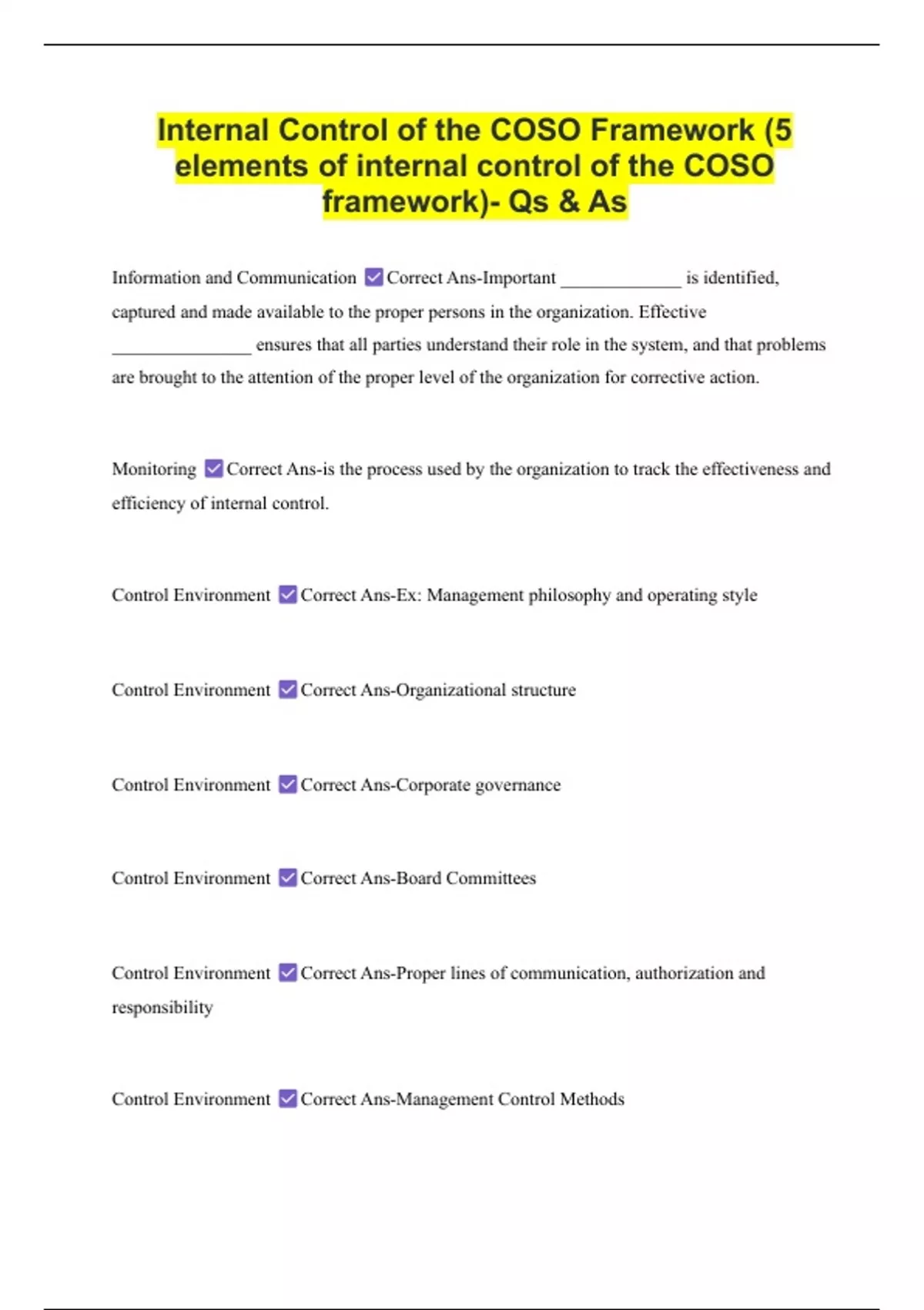 Internal Control of the COSO Framework (5 elements of internal control ...