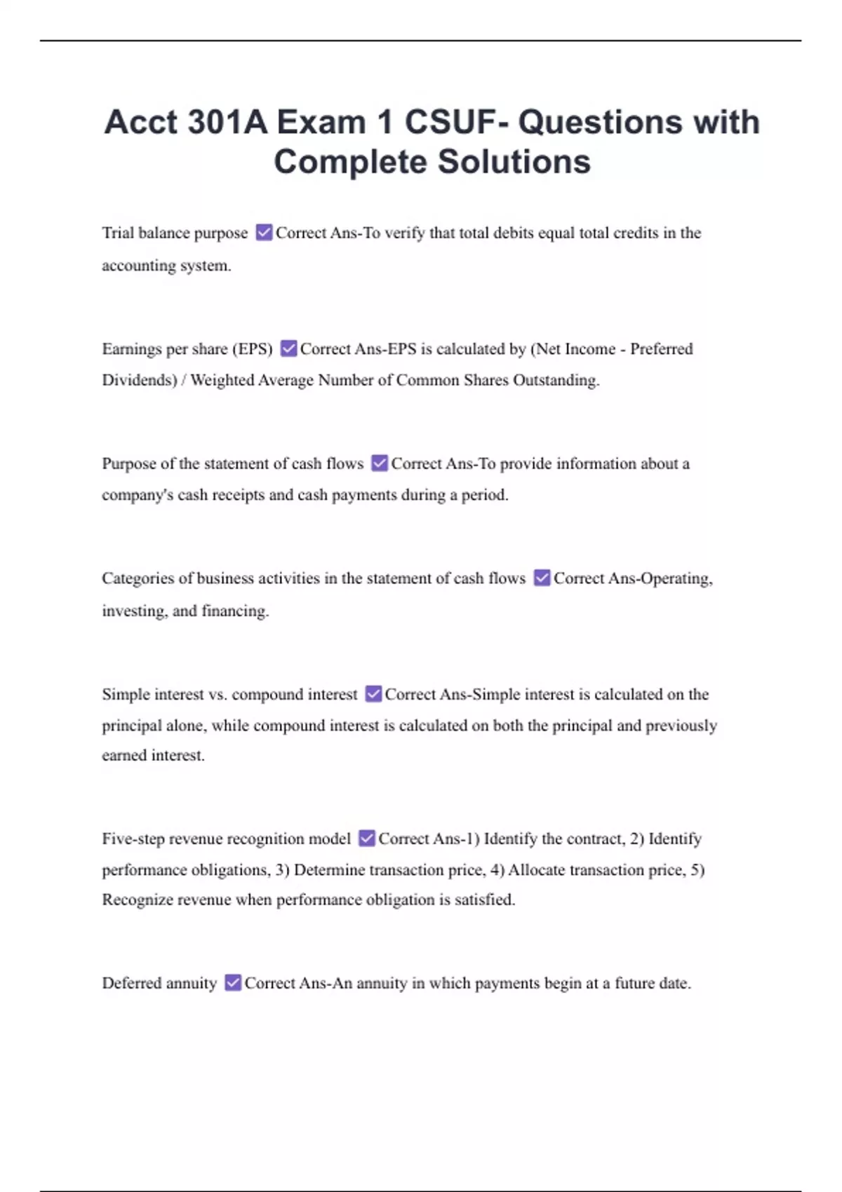 Acct 301A Exam 1 CSUF- Questions with Complete Solutions - CSUF ACCT - Stuvia US
