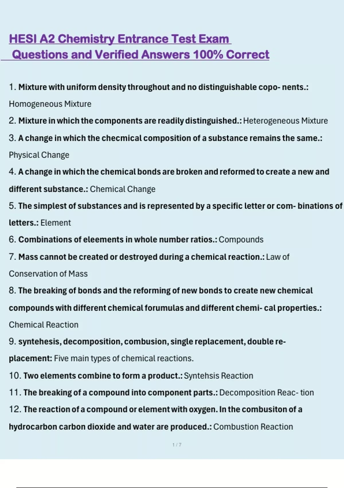 HESI A2 Chemistry Entrance Test Exam Questions and Verified Answers 100 ...