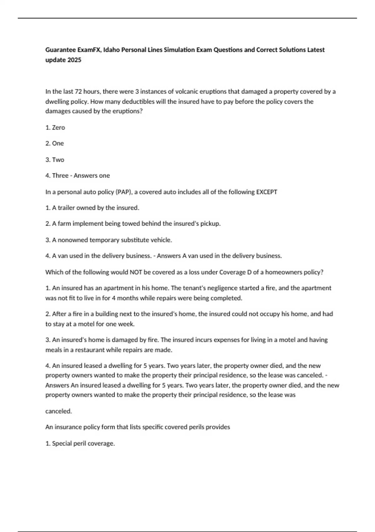 Guarantee ExamFX, Idaho Personal Lines Simulation Exam Questions and ...