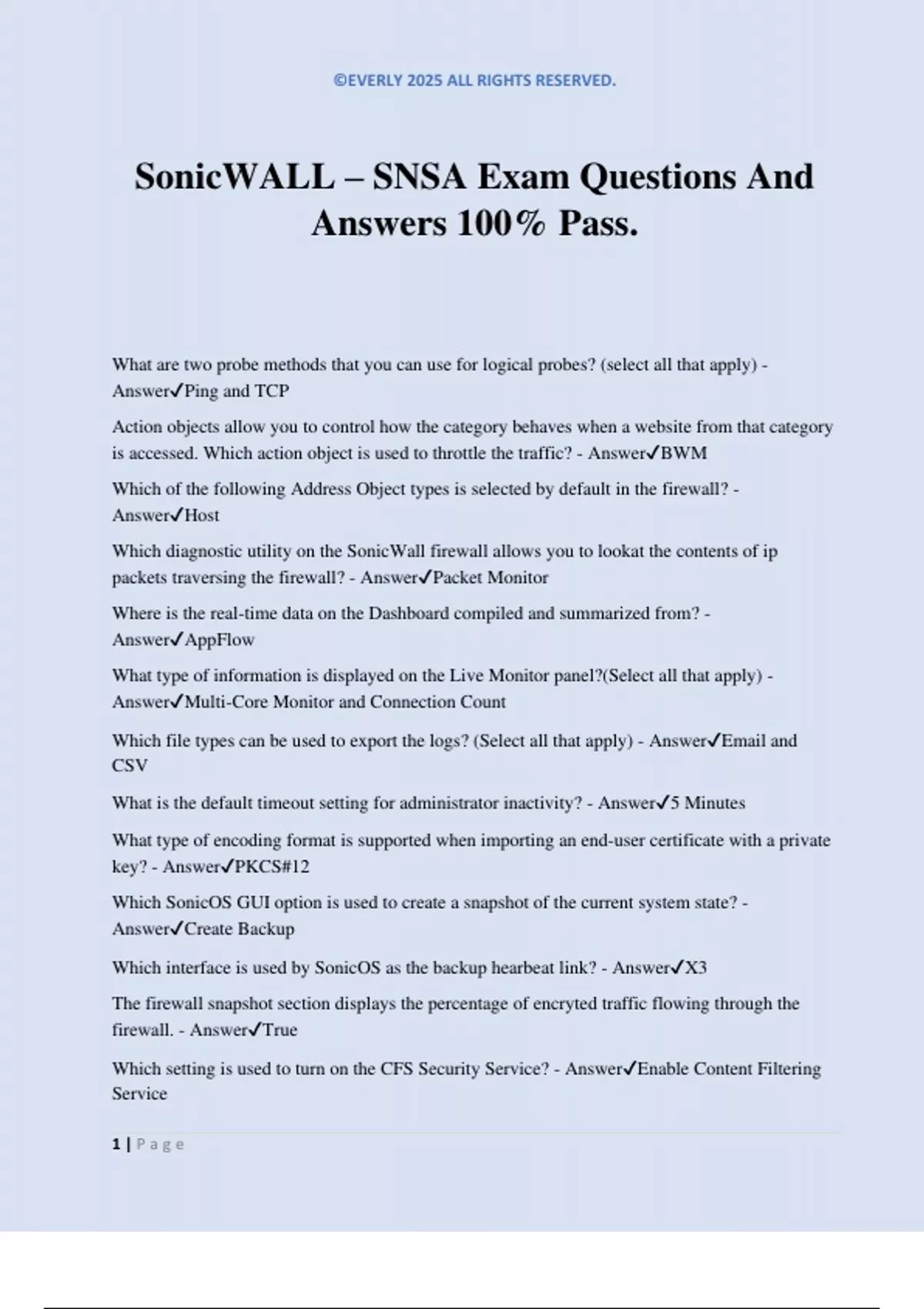 SonicWALL – SNSA Exam Questions And Answers 100% Pass. - Sonicwall - Stuvia US