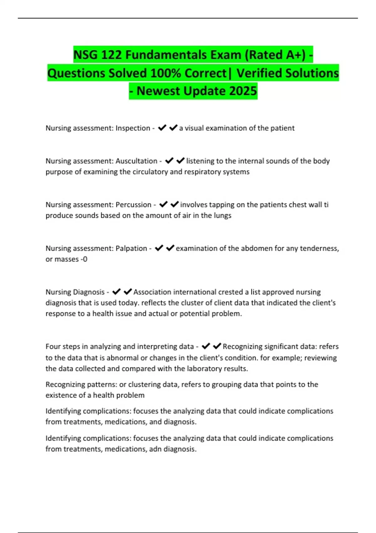 NSG 122 Fundamentals Exam (Rated A+) - Questions Solved 100% Correct| Verified Solutions ...