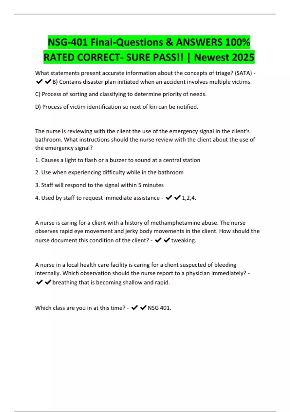NSG-401 Final-Questions & ANSWERS 100% RATED CORRECT- SURE PASS ...