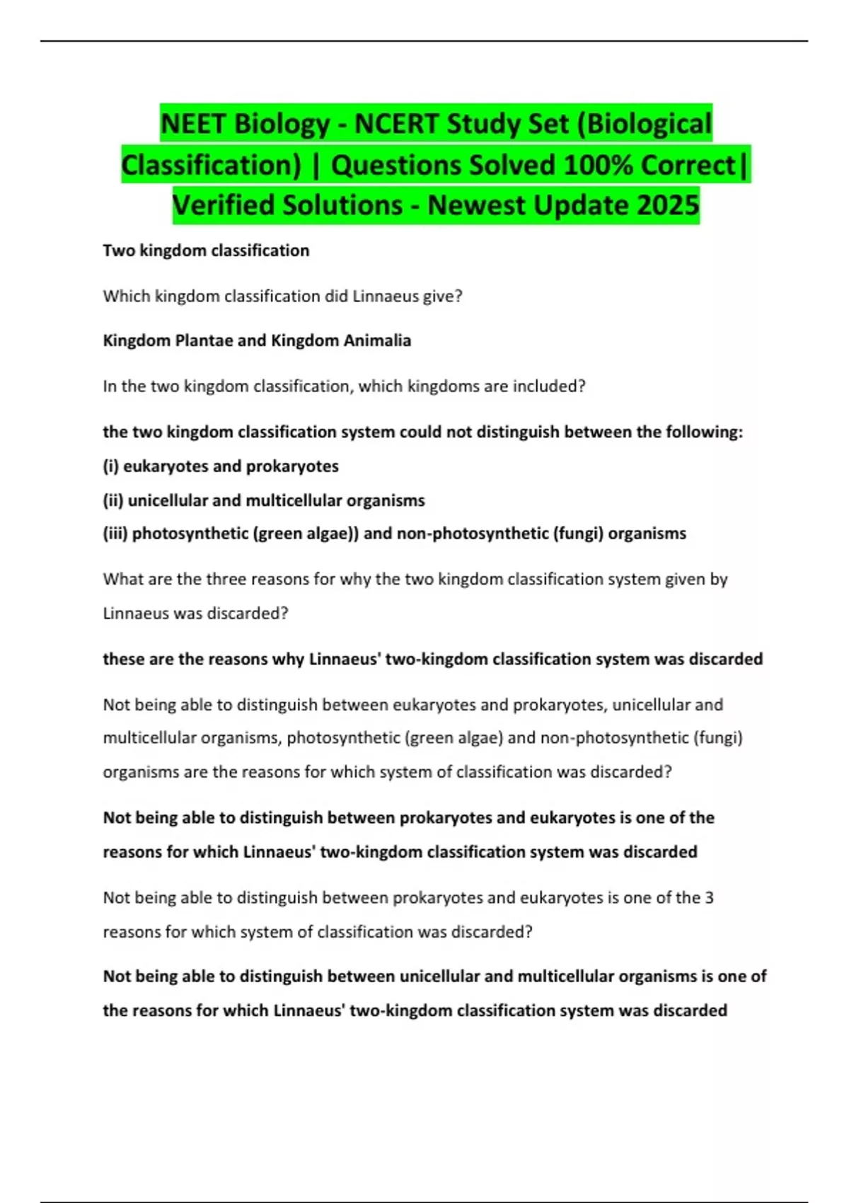 NEET Biology - NCERT Study Set (Biological Classification) | Questions ...