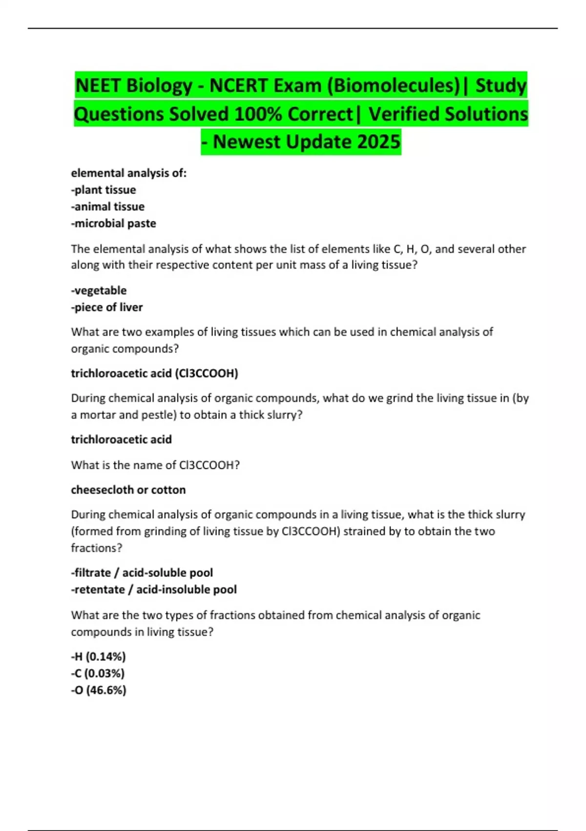 NEET Biology - NCERT Exam (Biomolecules)| Study Questions Solved 100% Correct| Verified ...