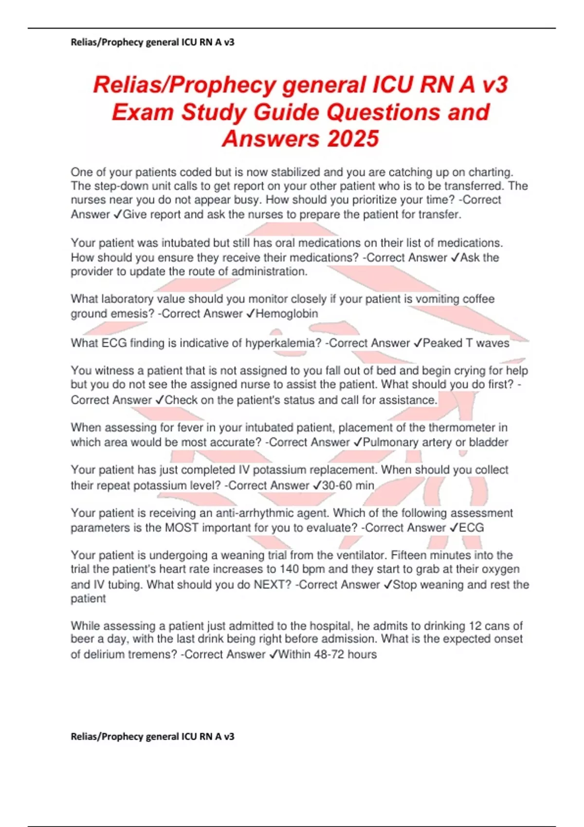 Relias/Prophecy general ICU RN A v3 Exam Study Guide Questions and ...