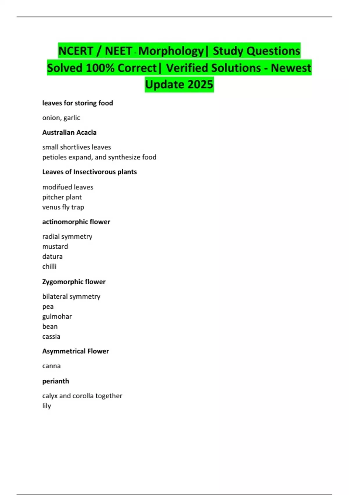 NCERT / NEET - Morphology| Study Questions Solved 100% Correct ...