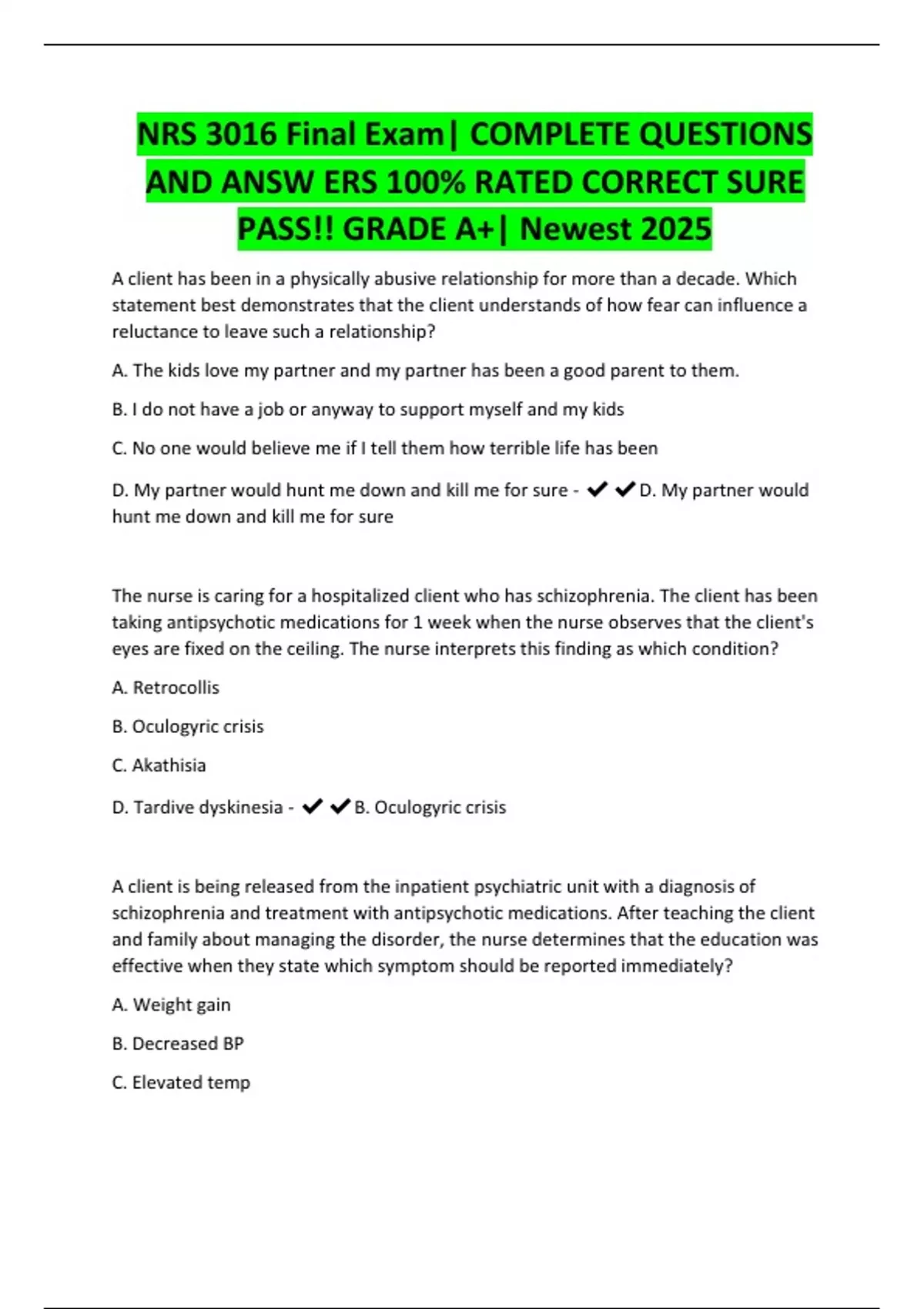 NRS 3016 Final Exam| COMPLETE QUESTIONS AND ANSW ERS 100% RATED CORRECT ...