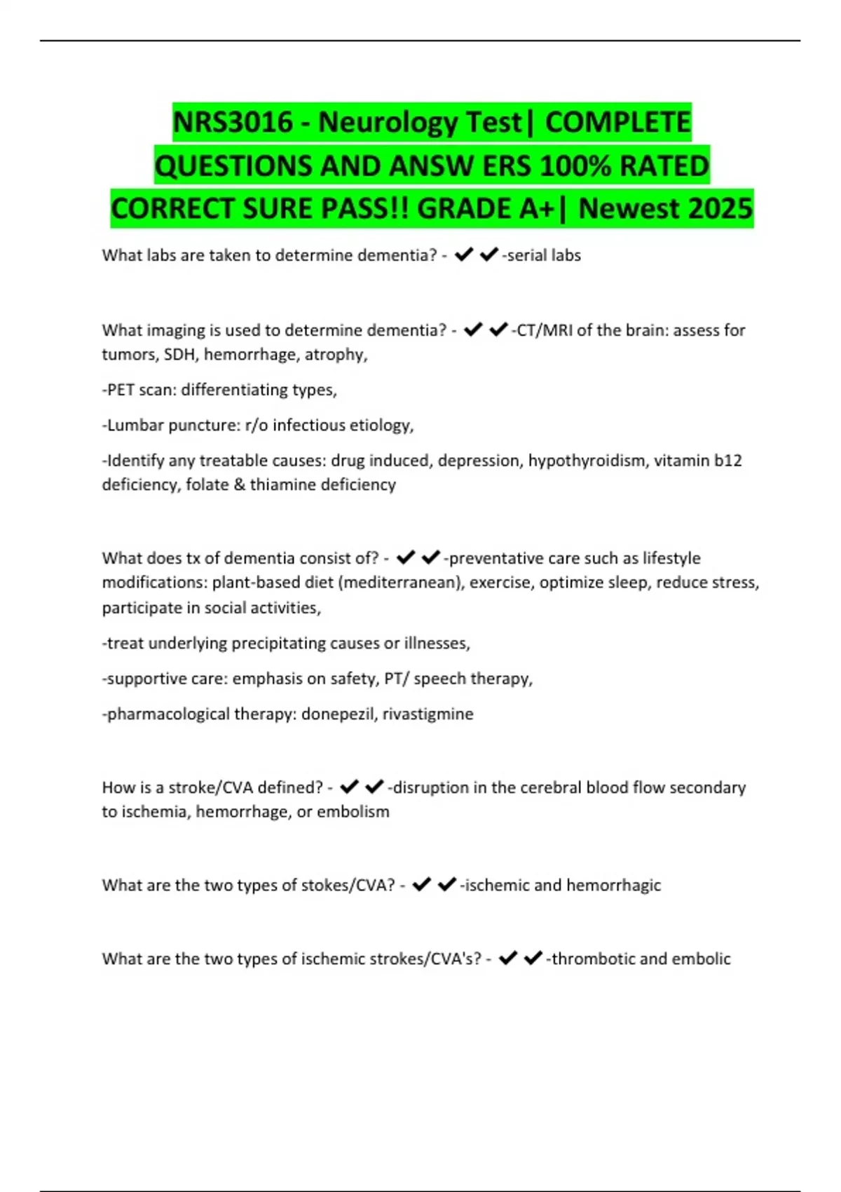 NRS3016 - Neurology Test| COMPLETE QUESTIONS AND ANSW ERS 100% RATED ...