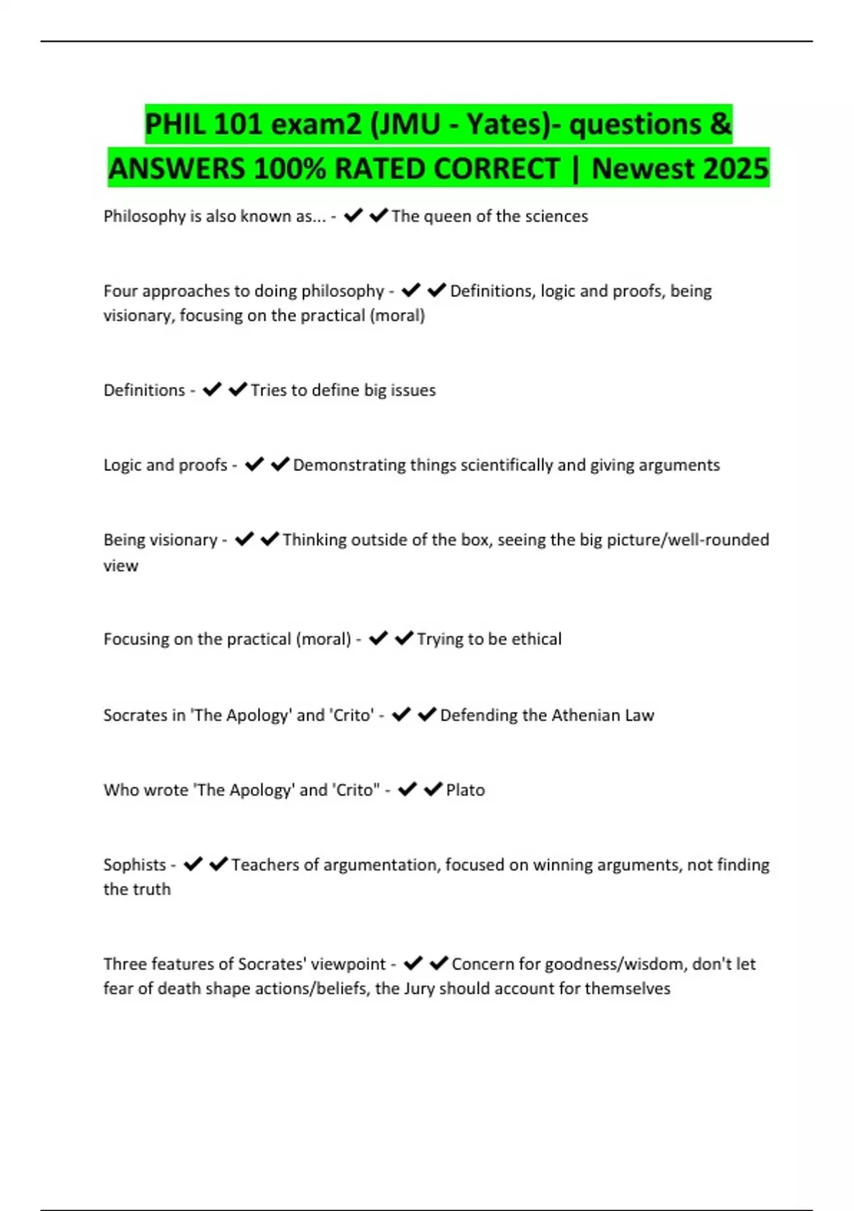 PHIL 101 exam2 (JMU - Yates)- questions & ANSWERS 100% RATED CORRECT ...