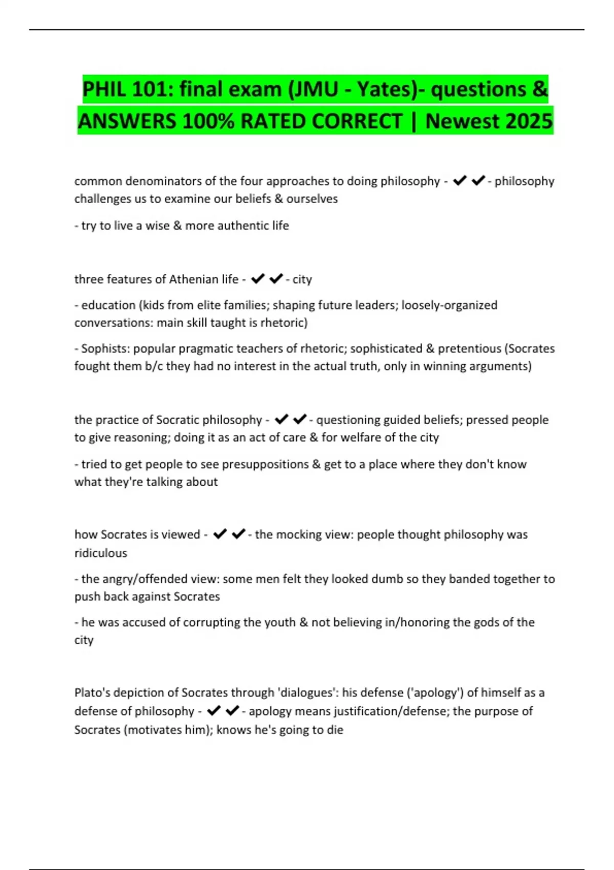PHIL 101: final exam (JMU - Yates)- questions & ANSWERS 100% RATED ...